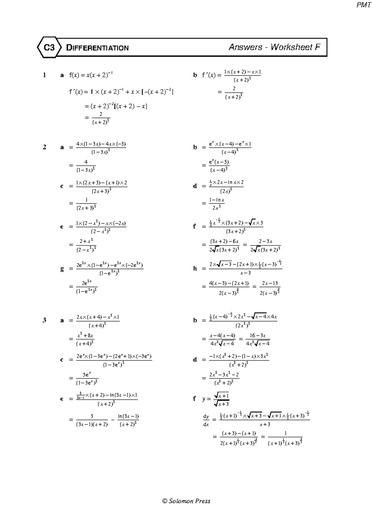 C3 Differentiation F - Answers - Solomon Press C3 DIFFERENTIATION ...