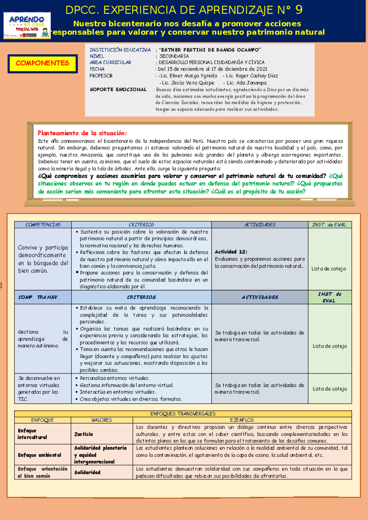 ACT12-dpcc - } DPCC. EXPERIENCIA DE APRENDIZAJE N° 9 Nuestro bicentenario nos desafía a promover ...