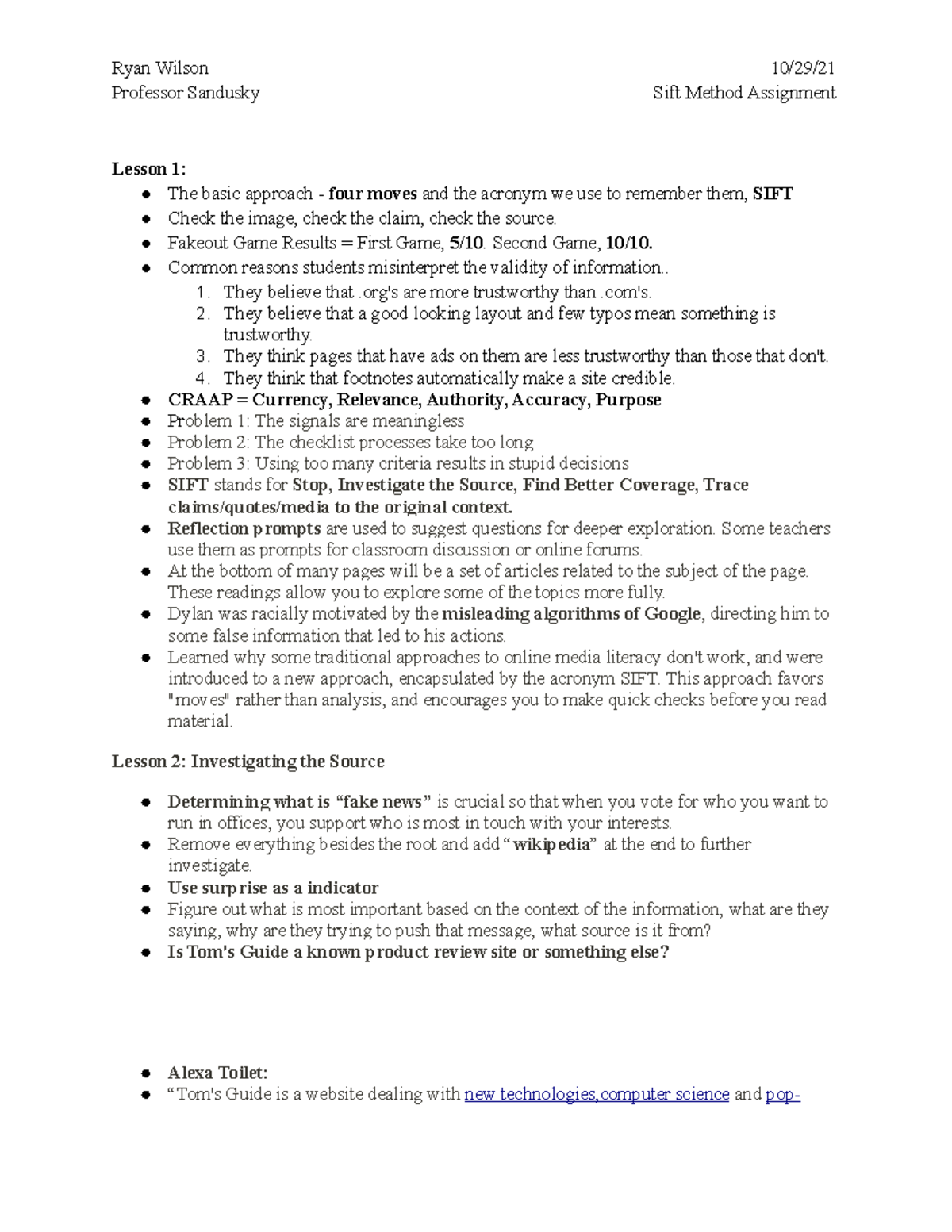 Sift Method Assignment - Professor Sandusky Sift Method Assignment ...