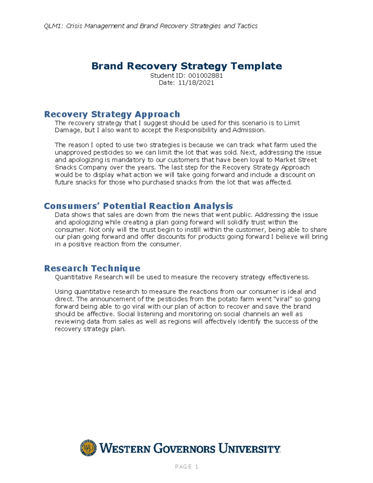 Brand Recovery Strategy Template - QLM1: Crisis Management and Brand ...