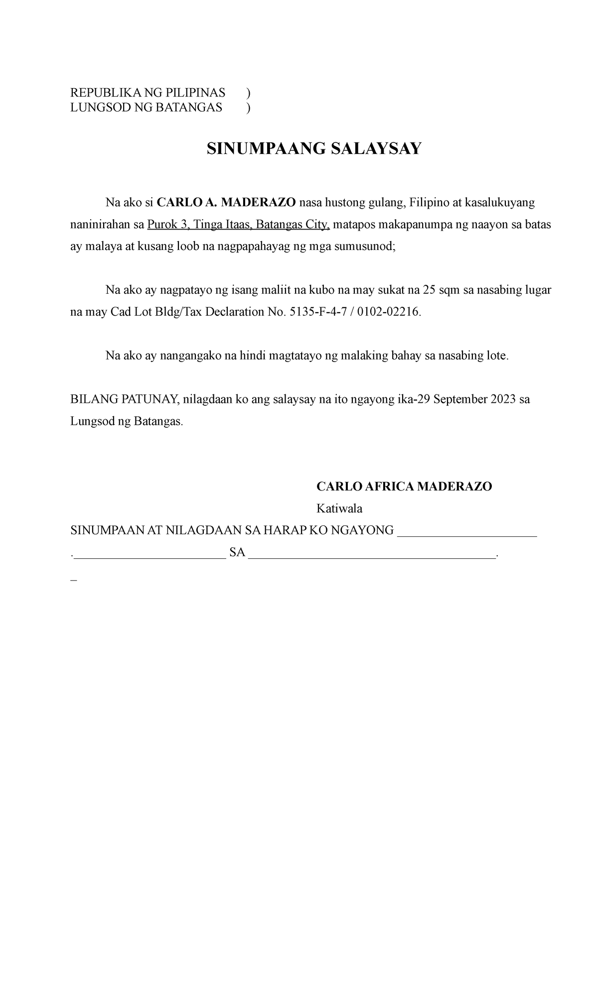 Salaysay - lecture - REPUBLIKA NG PILIPINAS ) LUNGSOD NG BATANGAS ...