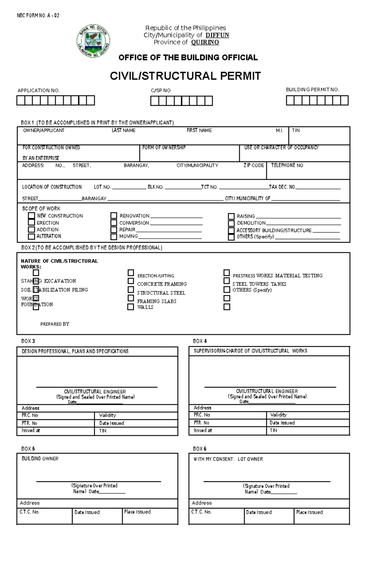 1.b Civil-Structural-Permit - NBC FORM NO. A - 02 Republic of the Philippines City/Municipality ...