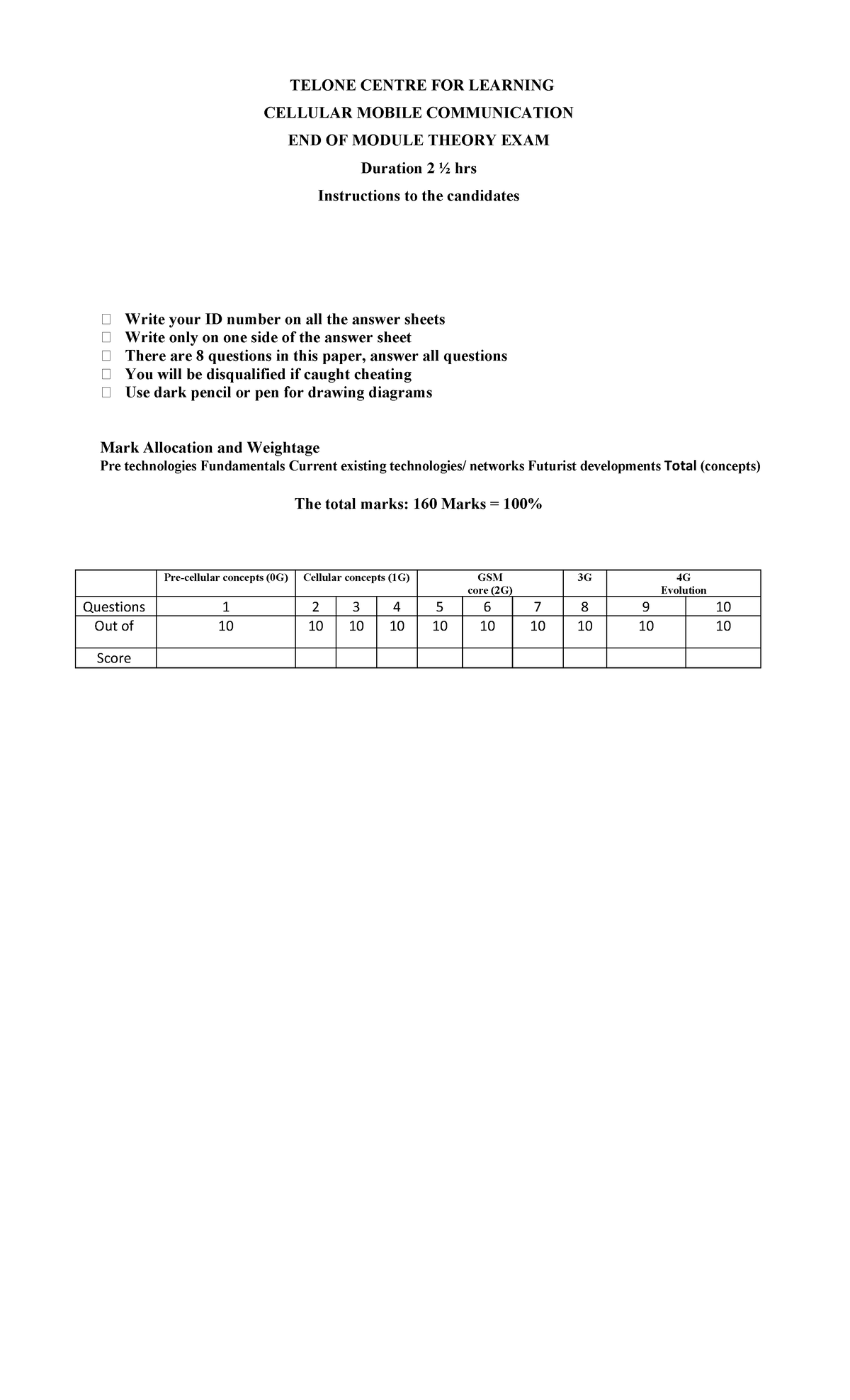 Tel One Mobile Communications Exam Paper 04-08-16 - TELONE CENTRE FOR ...