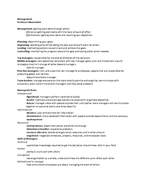 Management notes - Management- getting work done through others Good ...
