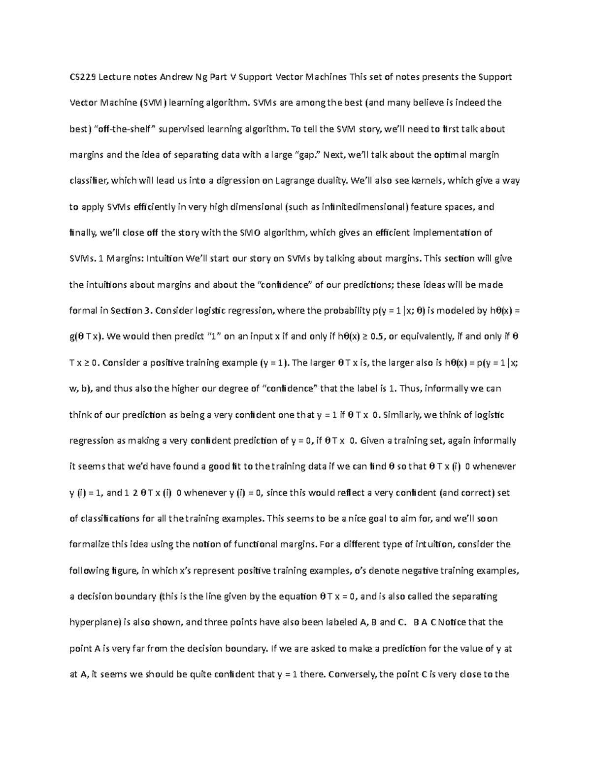 Svm - notes of svm - CS229 Lecture notes Andrew Ng Part V Support ...