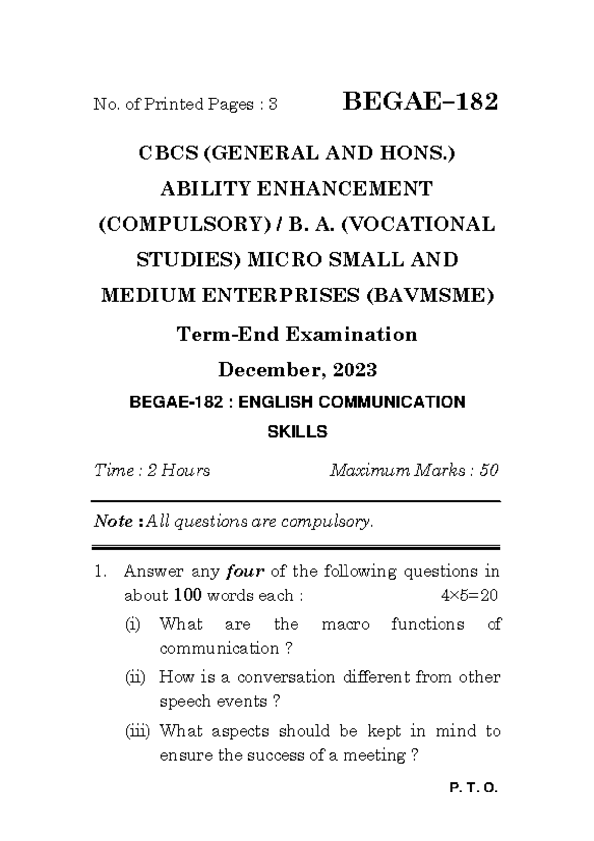 Begae-182 - P. T. O. No. of Printed Pages : 3 BEGAE– 182 CBCS (GENERAL ...