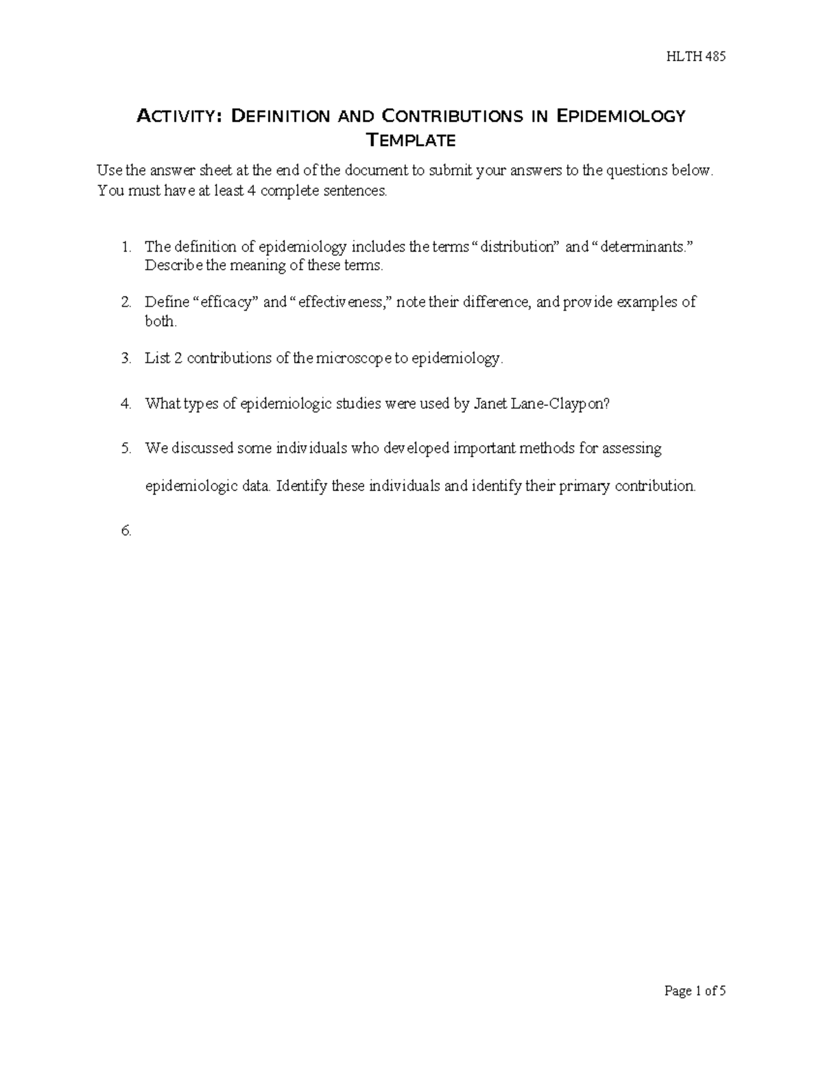 Activity Definition and Contributions in Epidemiology Final - ACTIVITY ...