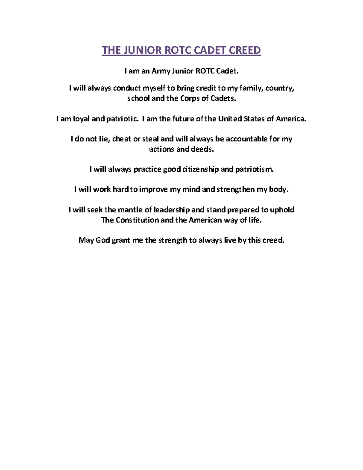 Jrotc Creed - THE JUNIOR ROTC CADET CREED I am an Army Junior ROTC ...