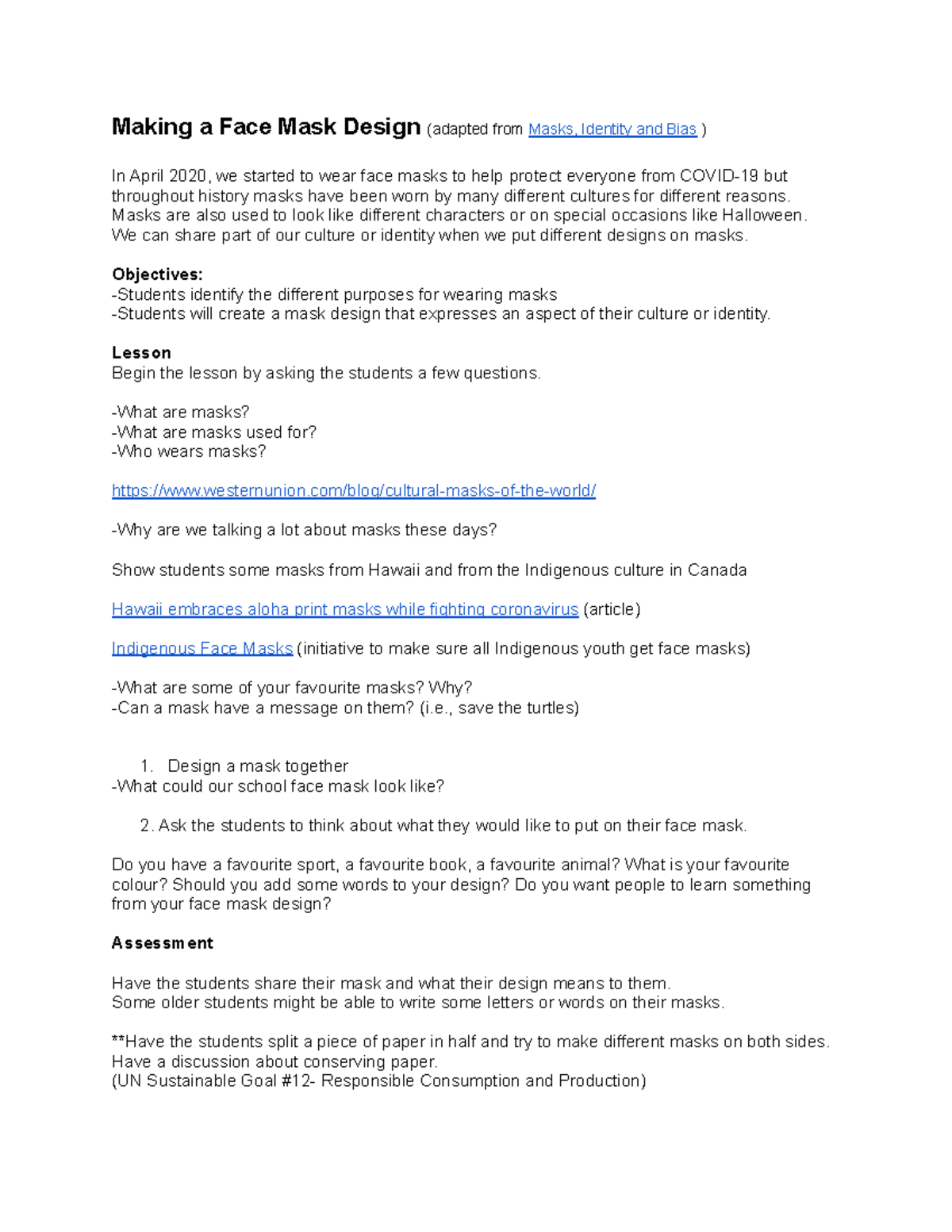 Face Mask Lesson Plan - Arts Lp - Making a Face Mask Design (adapted ...