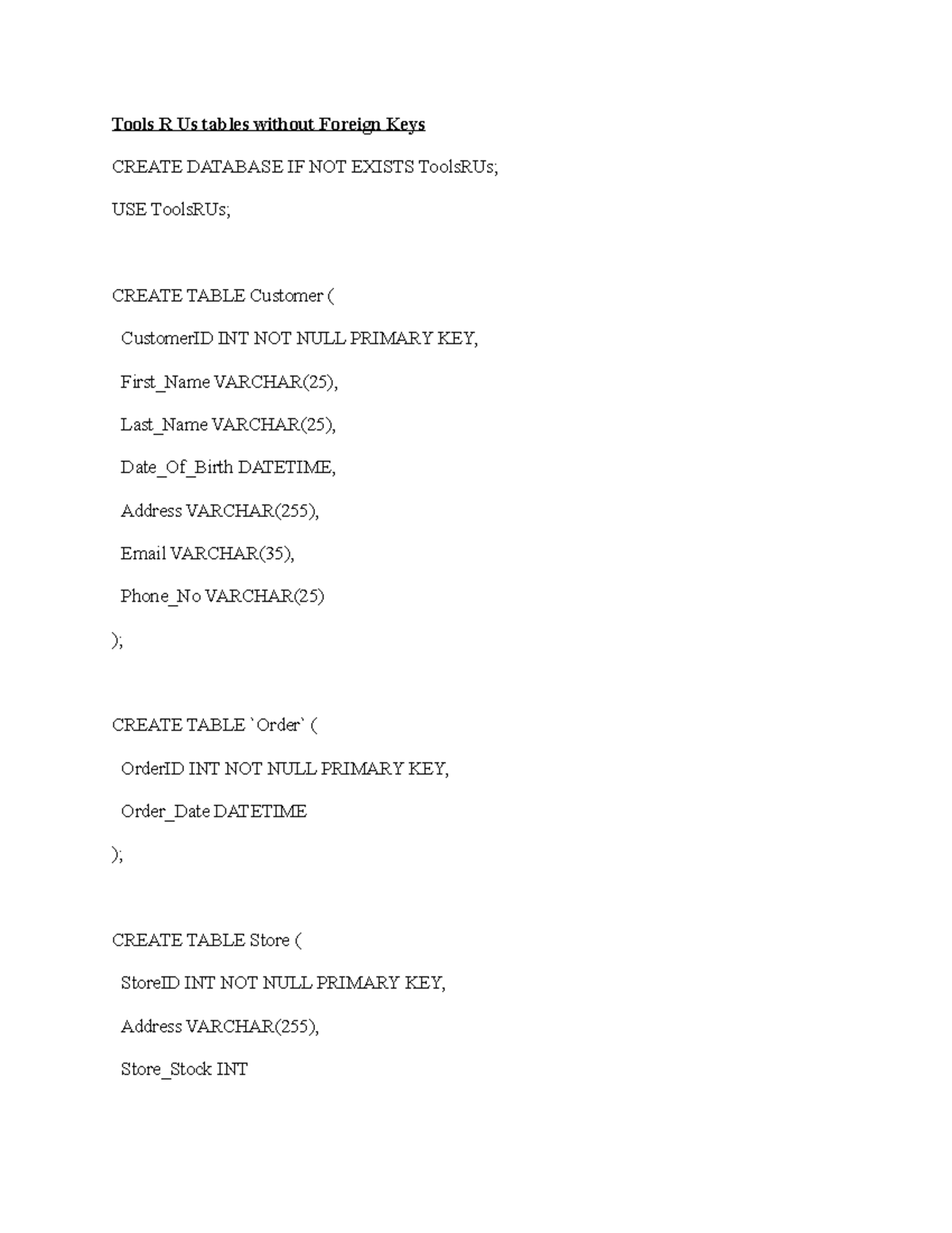 Without Foreign Keys Table Tools Rus Tools R Us Tables Without Foreign Keys Create Database If