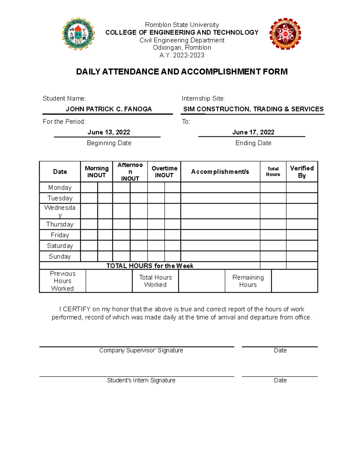 Daily Attendance AND Accomplishment FORM 2 - Romblon State University ...