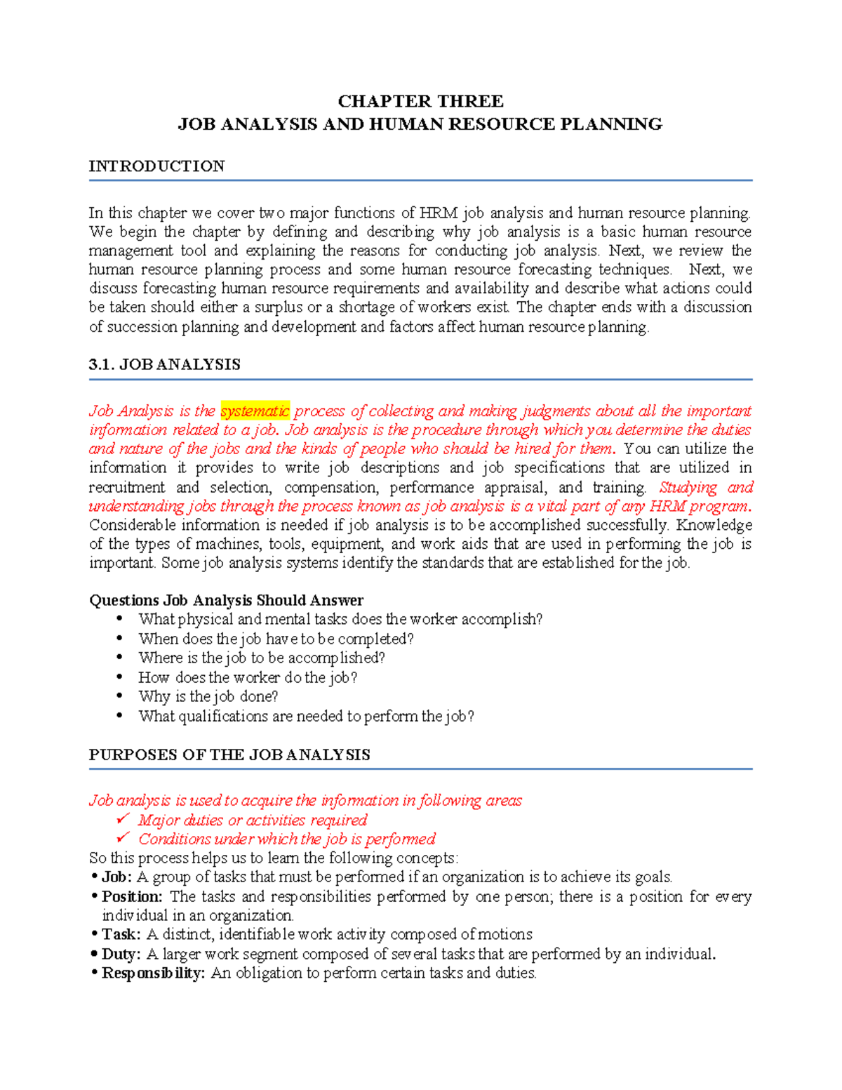 Ch. 3. HRM - Lecture notes - CHAPTER THREE JOB ANALYSIS AND HUMAN ...