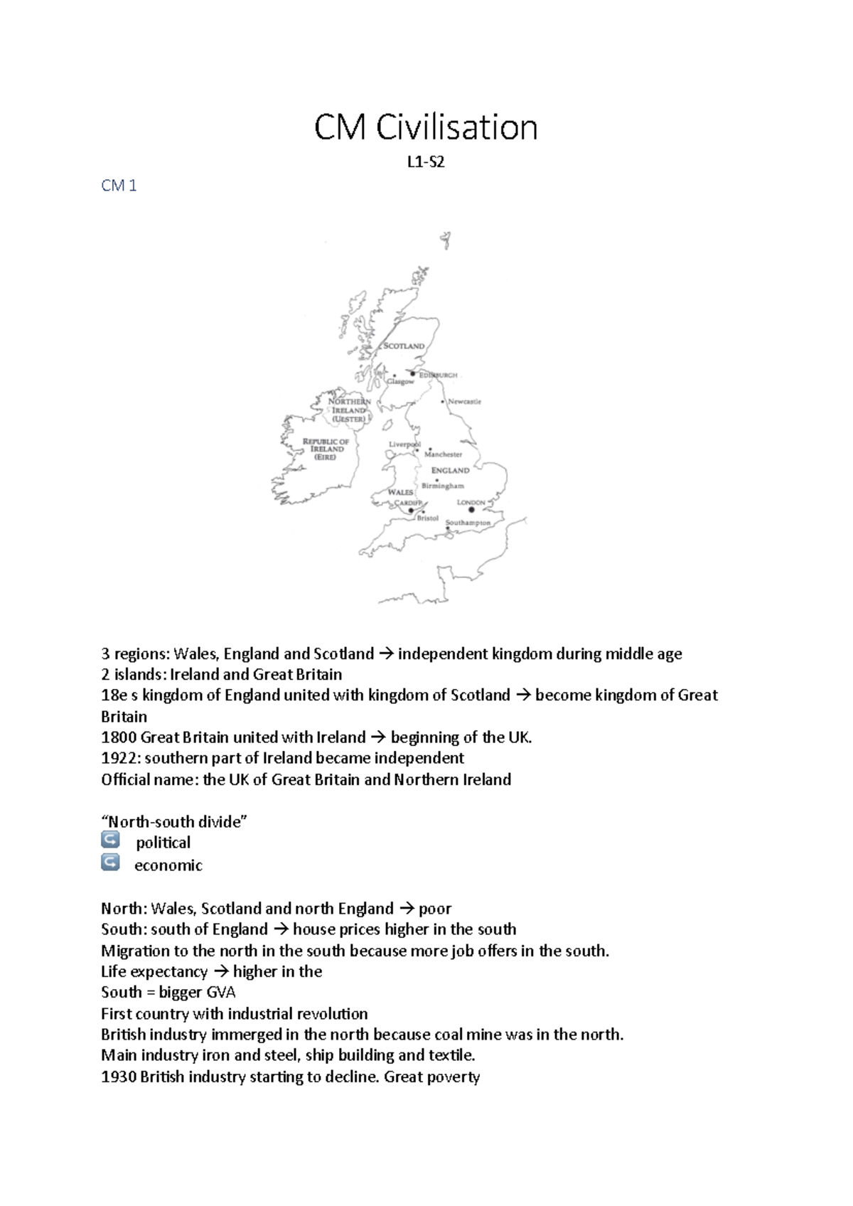 CM Civi L1 S2 - CM Civilisation L1-S CM 1 3 regions: Wales, England and ...