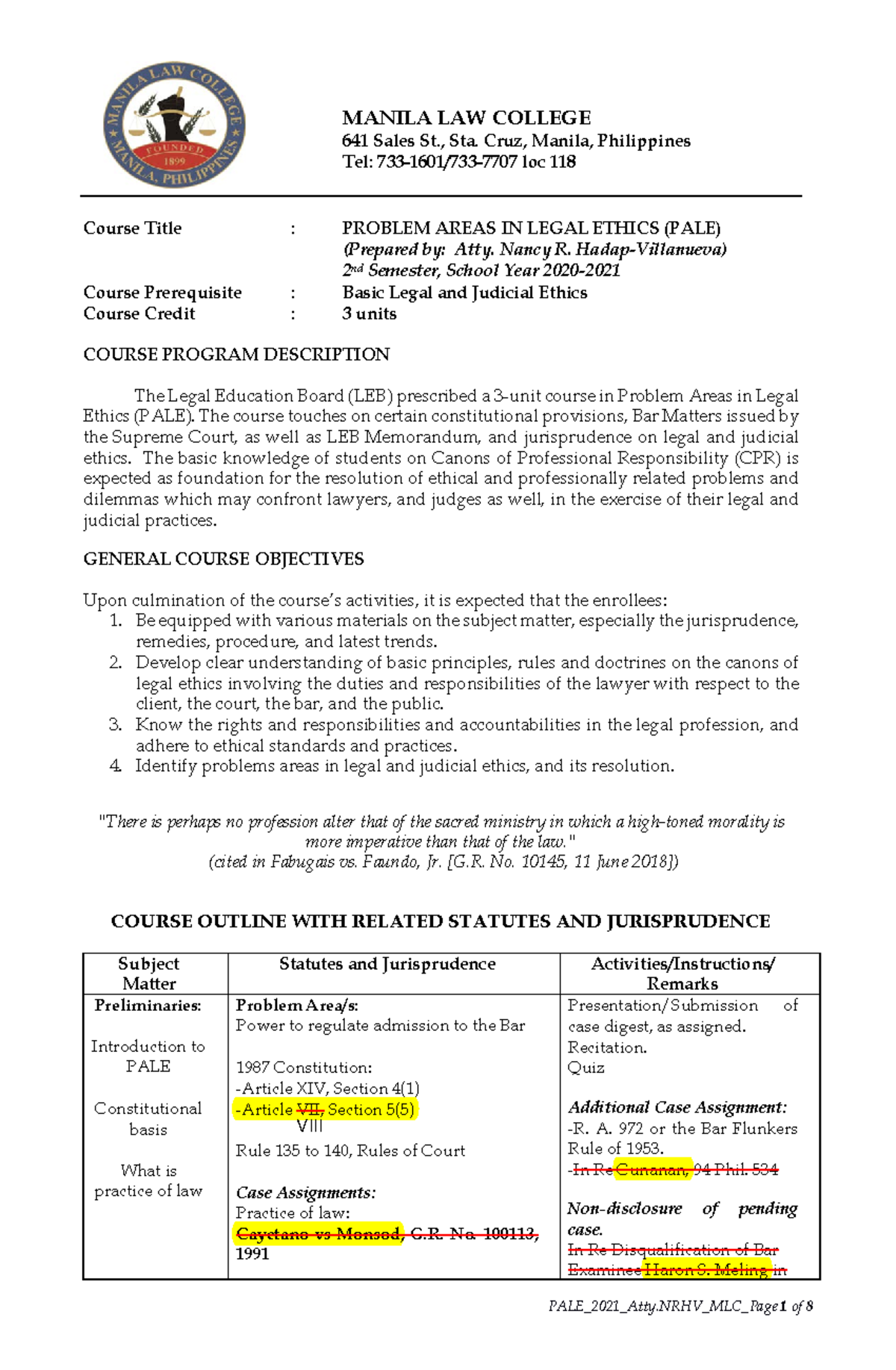 2021 MLC Student Syllabus PALE Problem Areas in Legal Ethics AS of 25 2021-mlc-student-syllabus-pale-problem-areas-in-legal-ethics-as-of-25