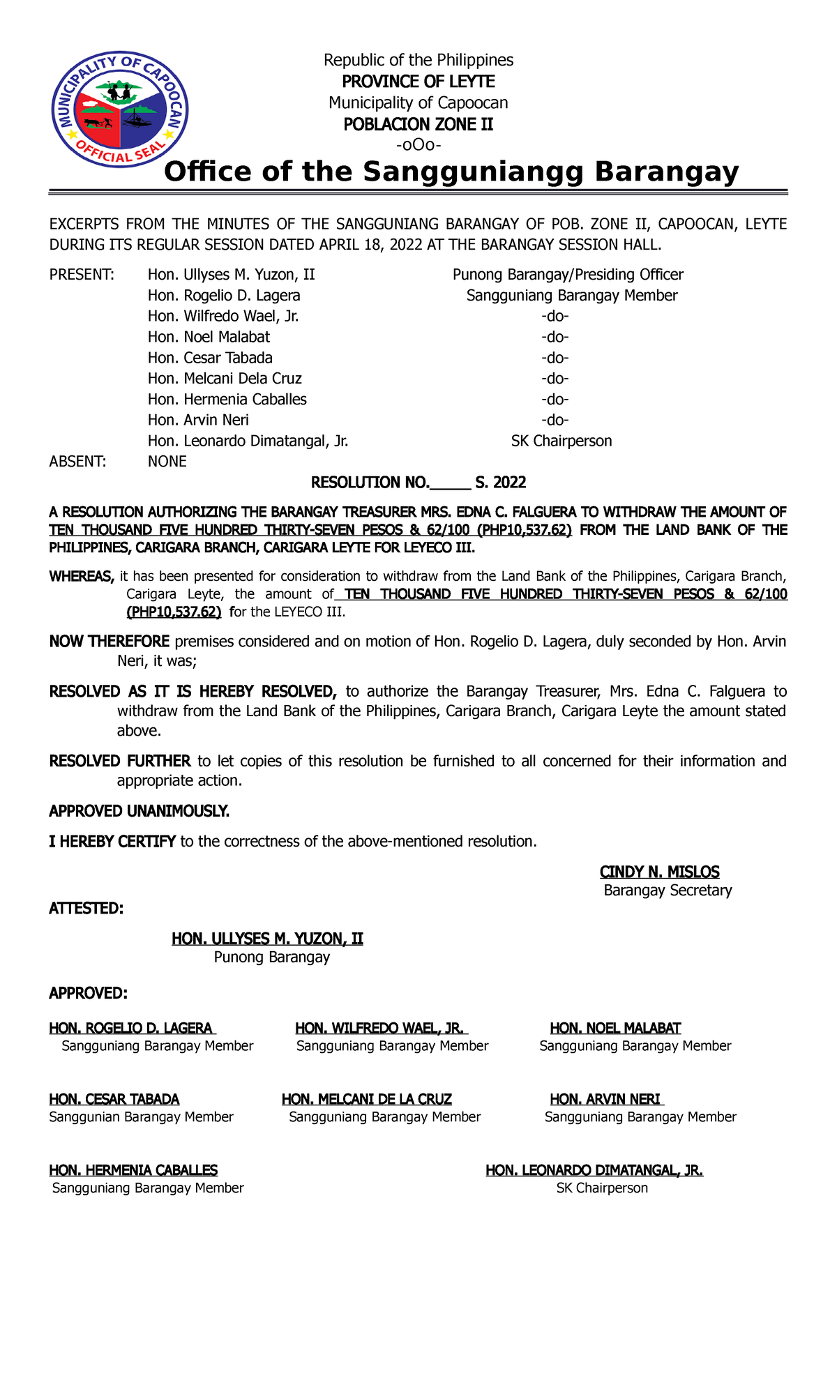RES Leyeco 04022 - RESOLUTION REQUESTING FOR OCULAR INSPECTIONS ABOUT ...