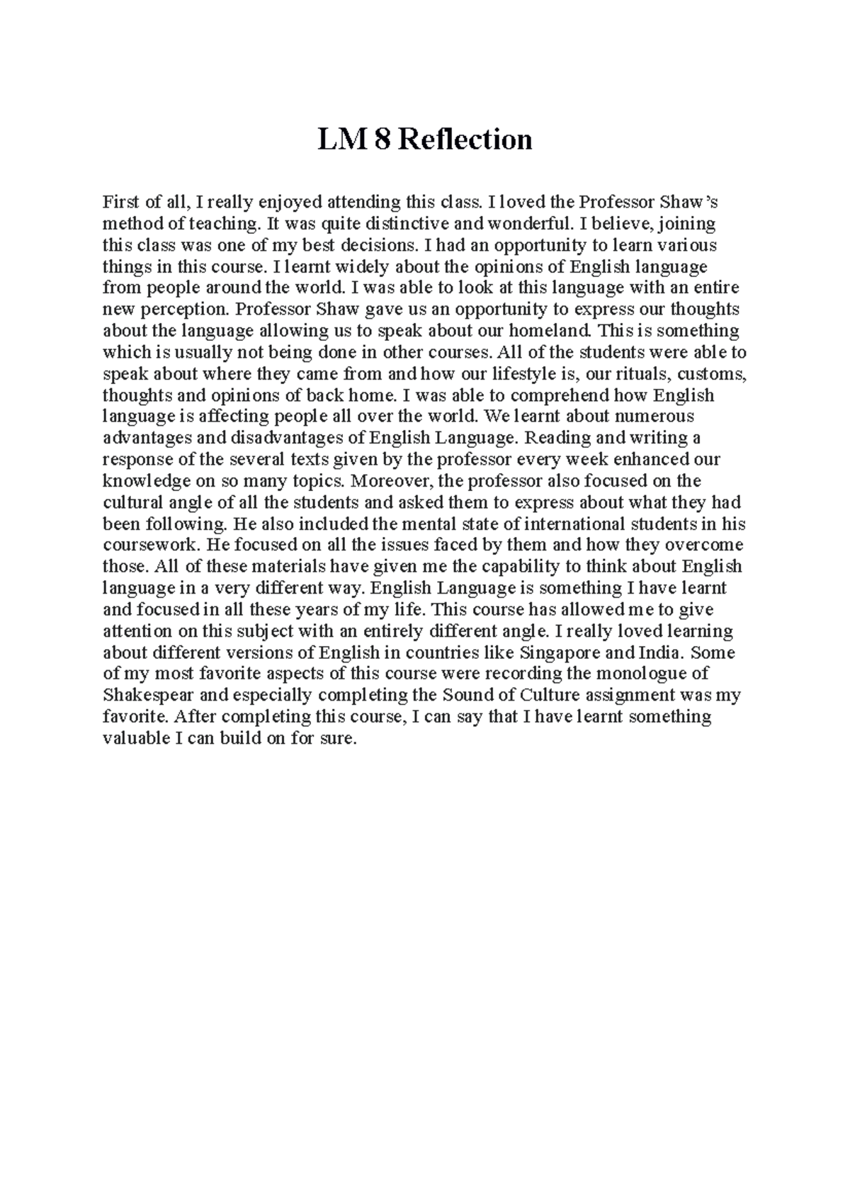 LM 8 Reflection - LM 8 Reflection First of all, I really enjoyed ...