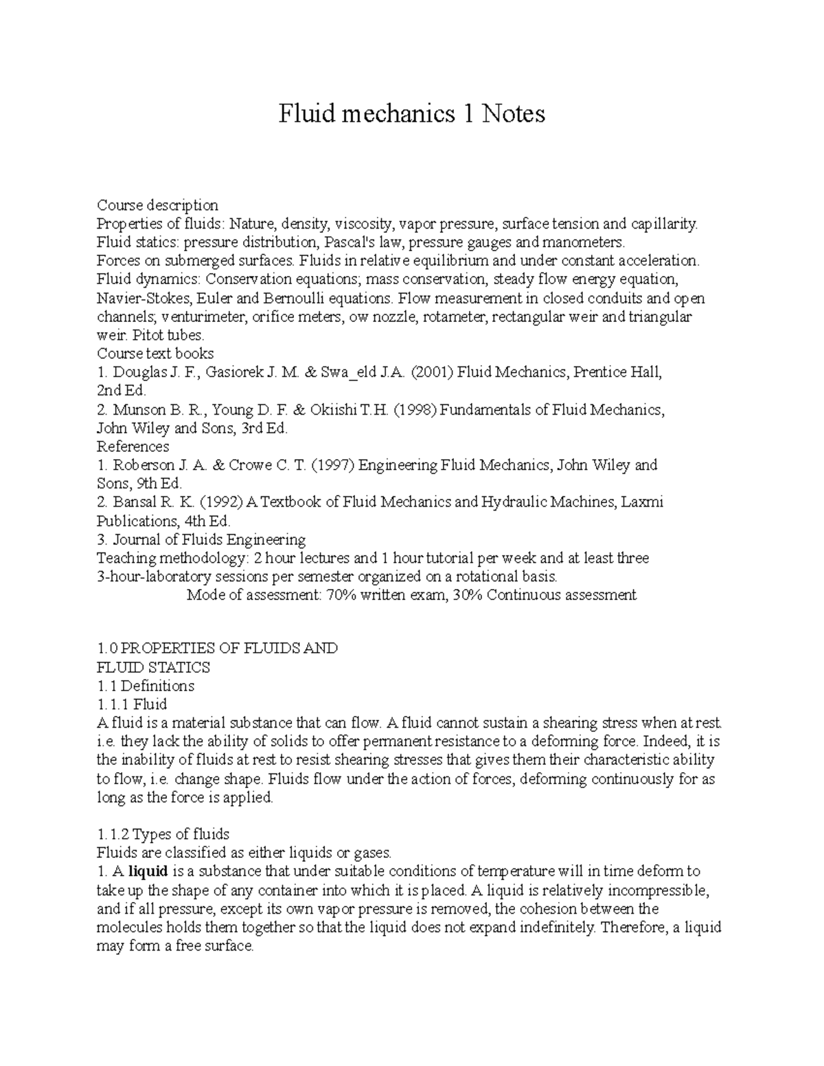 Fluid mechanics 1, notes-1-1 - Fluid mechanics 1 Notes Course ...