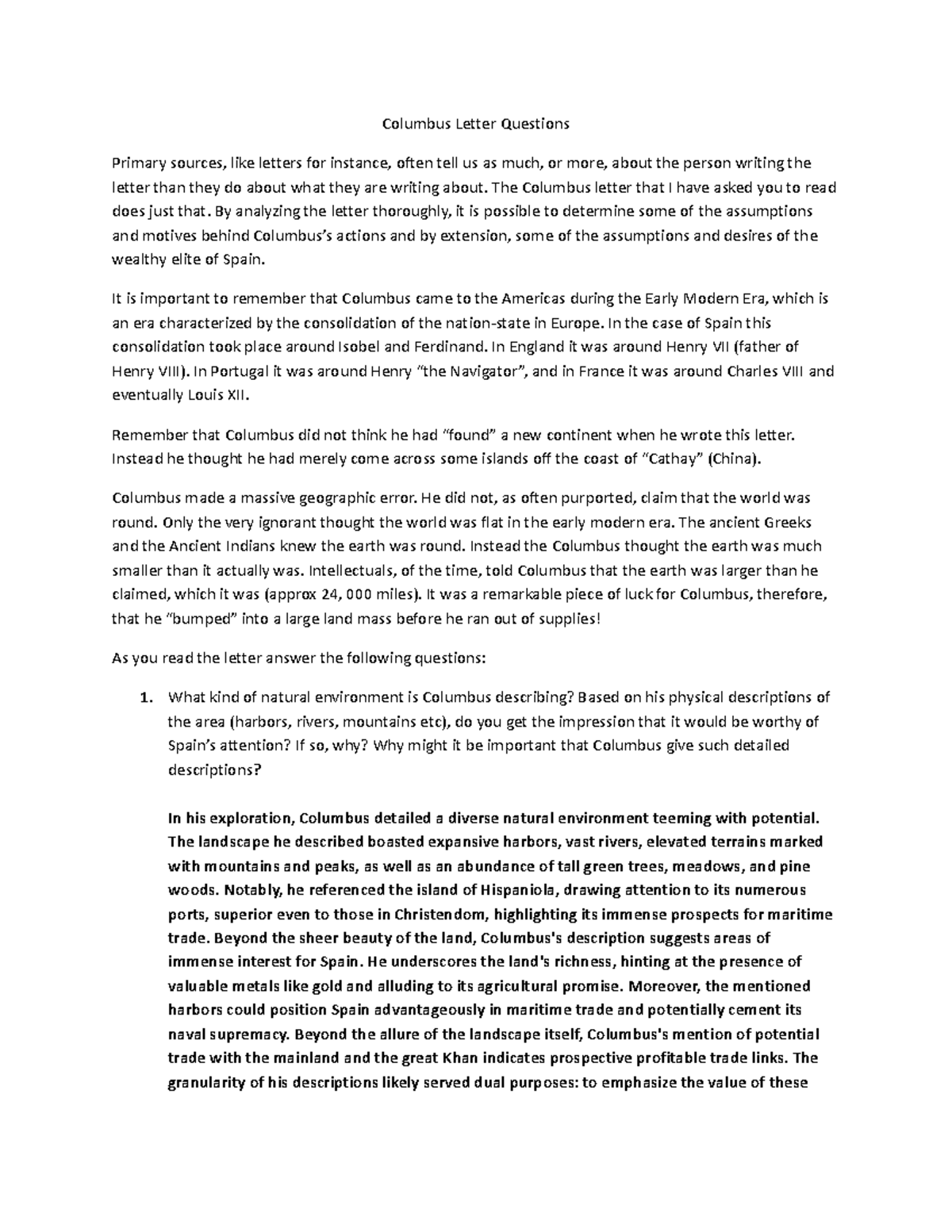 Columbus Letter Questions - Columbus Letter Questions Primary sources ...