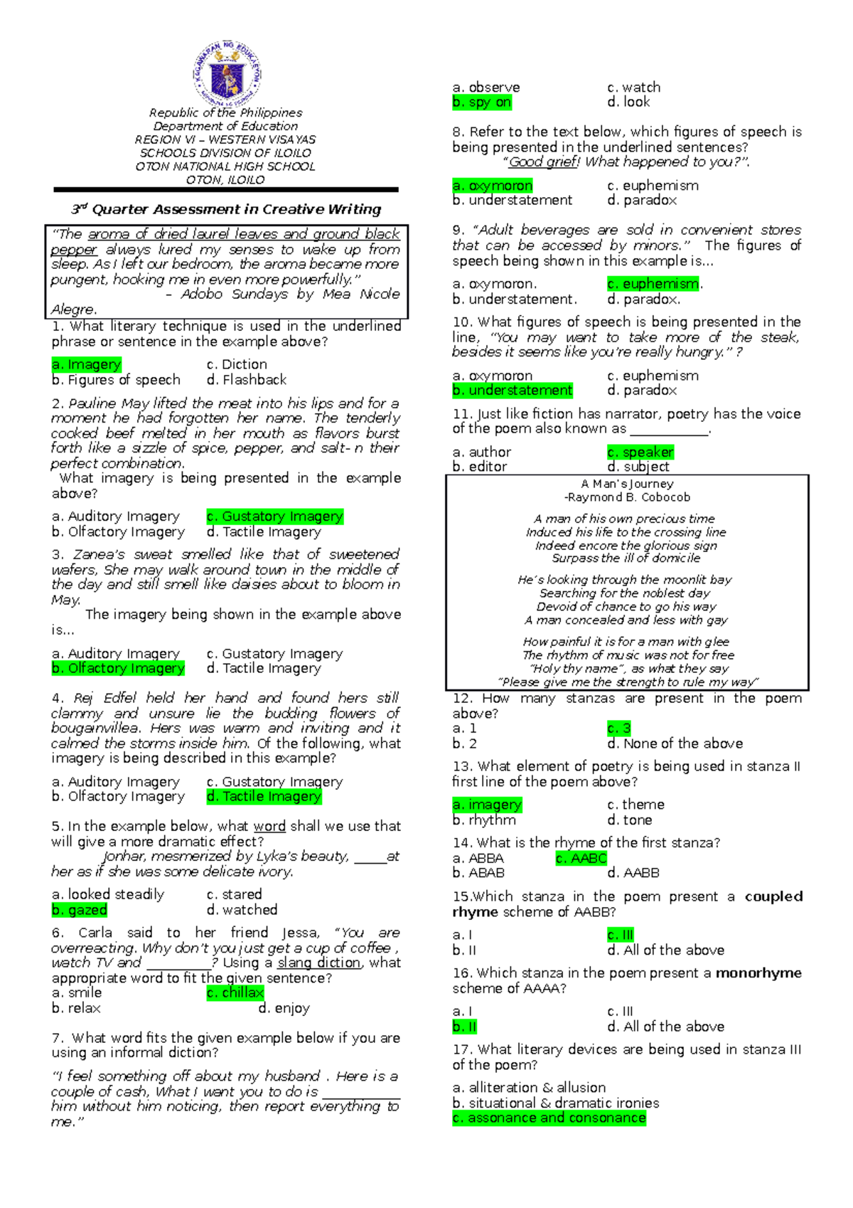 Q3 Pre Test in Creative Writingfinal copy - Republic of the Philippines ...