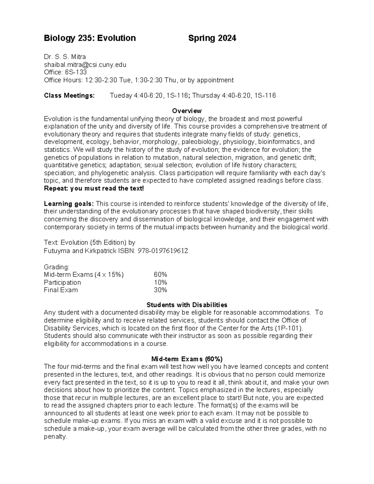 Bio 235 Syllabus Spring 2024 Mitra - Biology 235: Evolution Spring 2024 ...