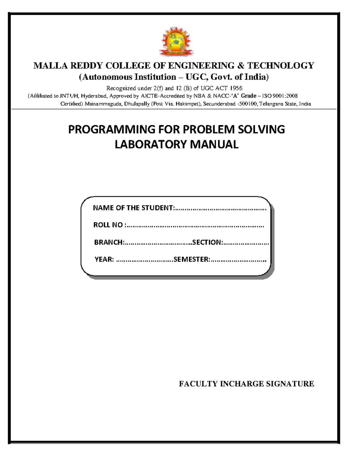 Programming for Professional Success LAB Manual 2018-19 - NAME OF THE - Studocu