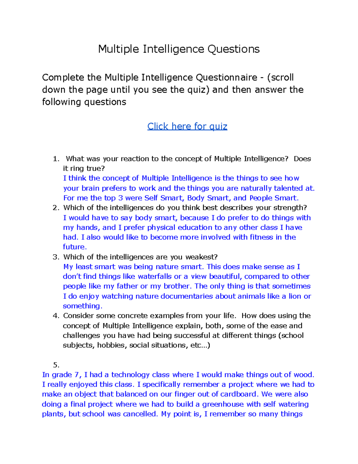 Multiple Intelligence Questions - For me the top 3 were Self Smart ...