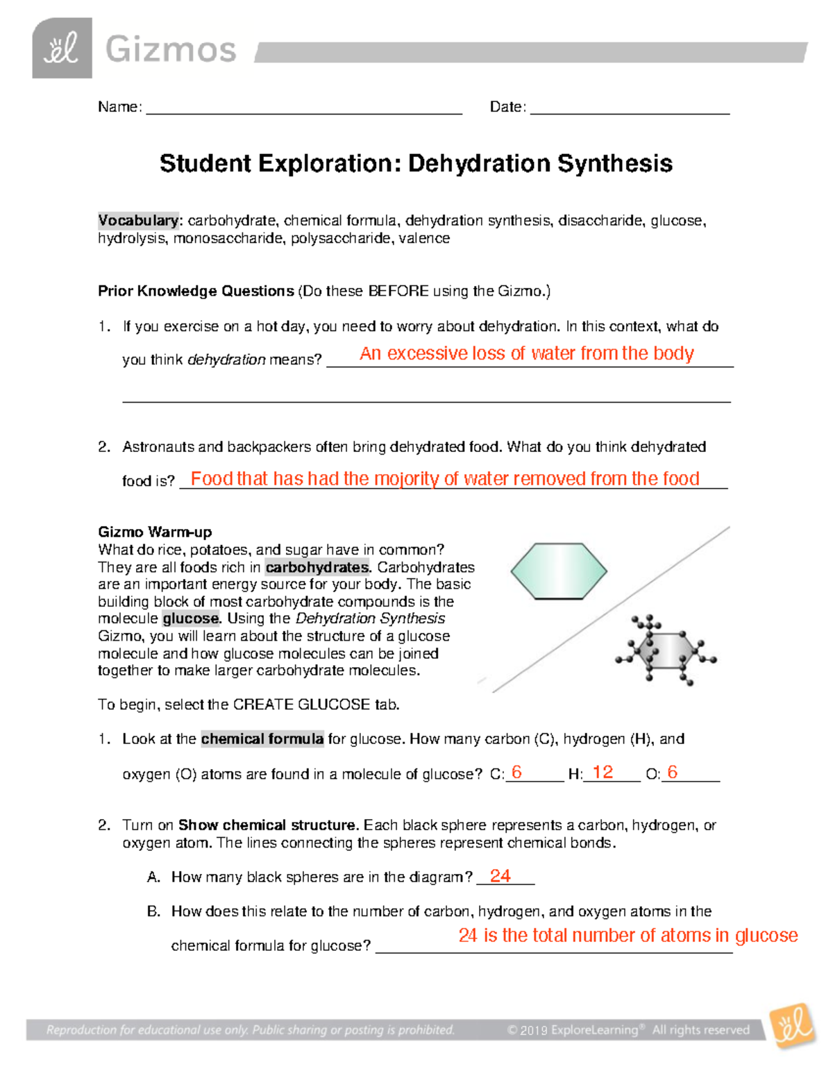 Dehydration Synthesis Student Exploration Gizmo Name