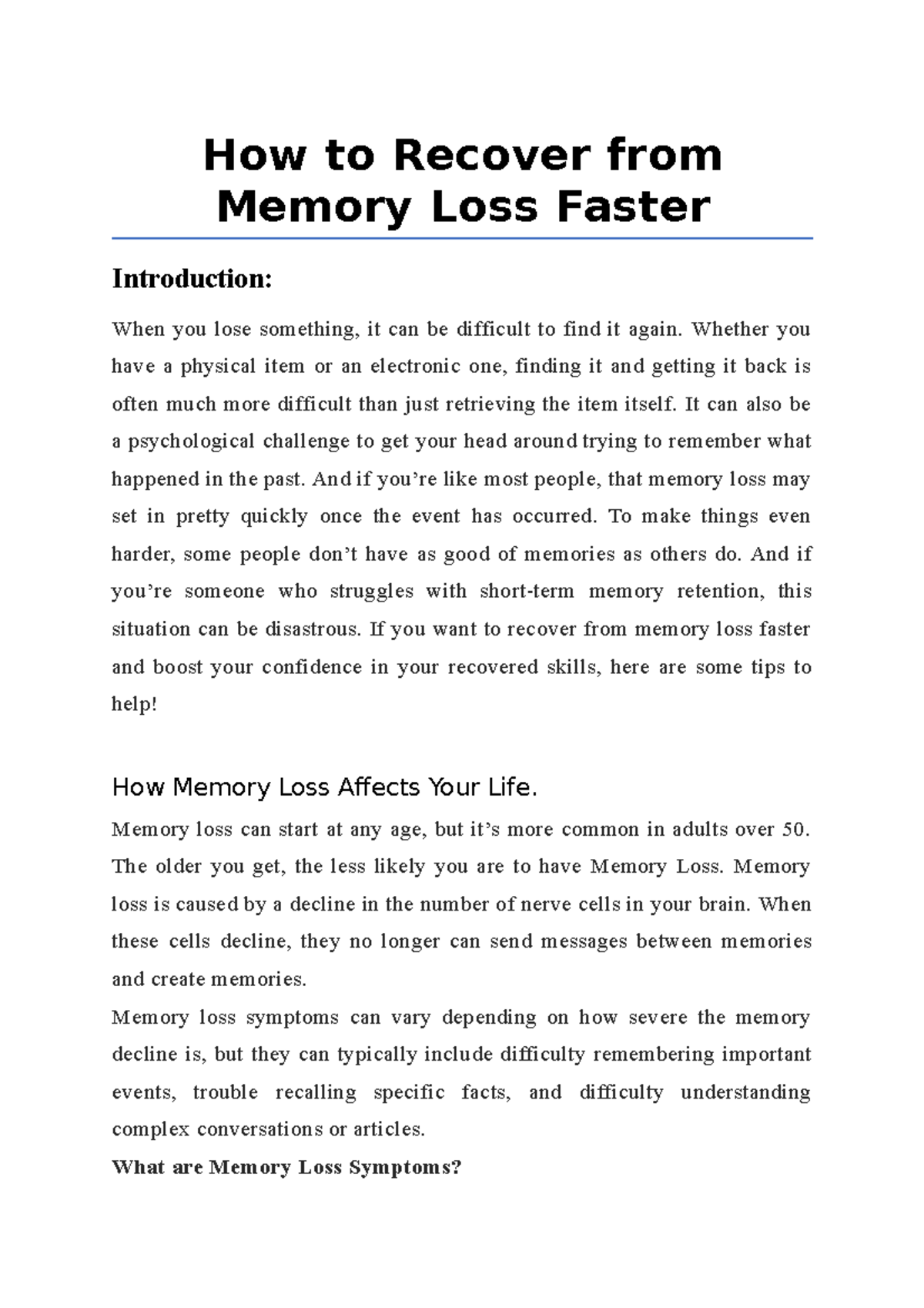 How to Recover from Memory Loss Faster - How to Recover from Memory ...