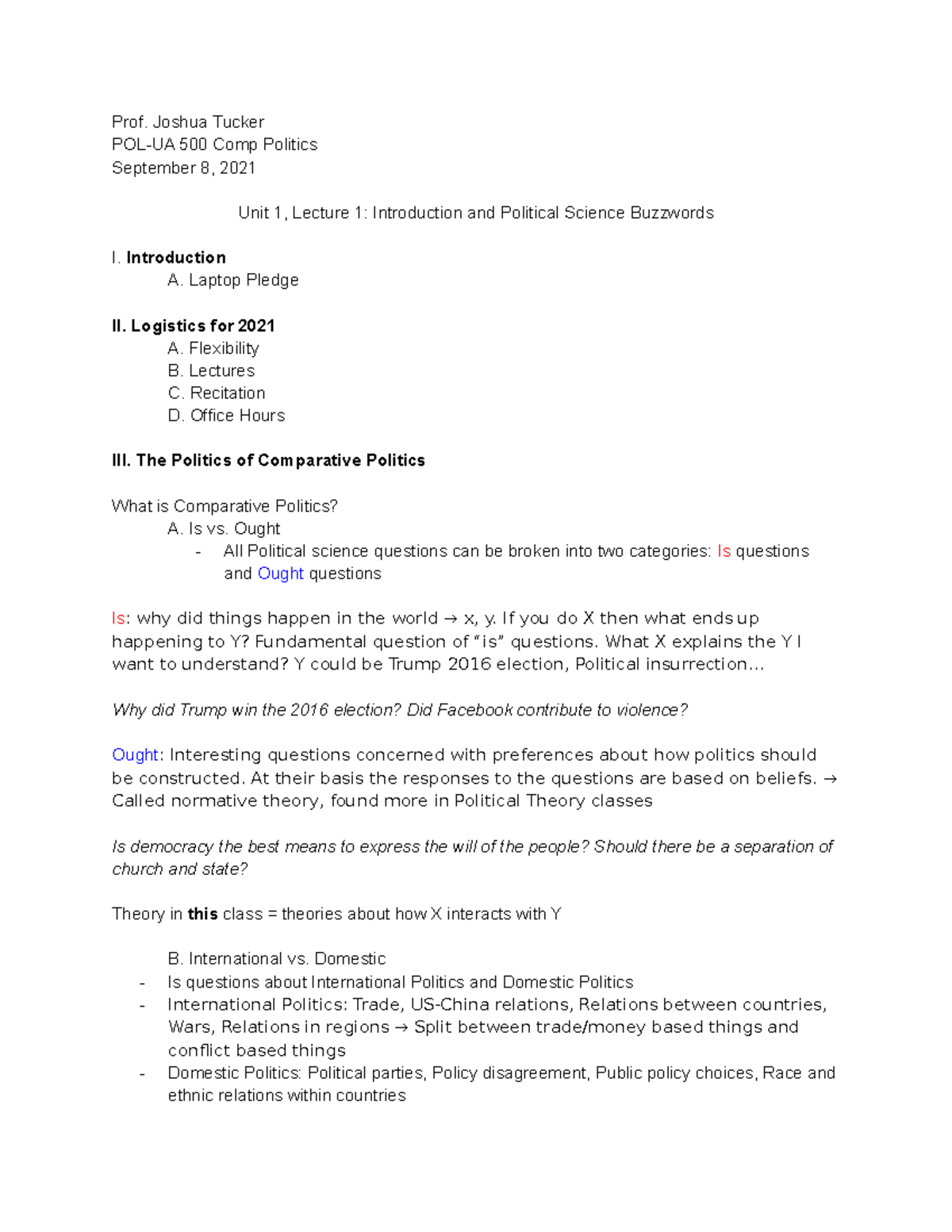 Comp Pol 9 - Unit 1 9/8 Lecture Notes w/ Joshua Tucker - Prof. Joshua ...
