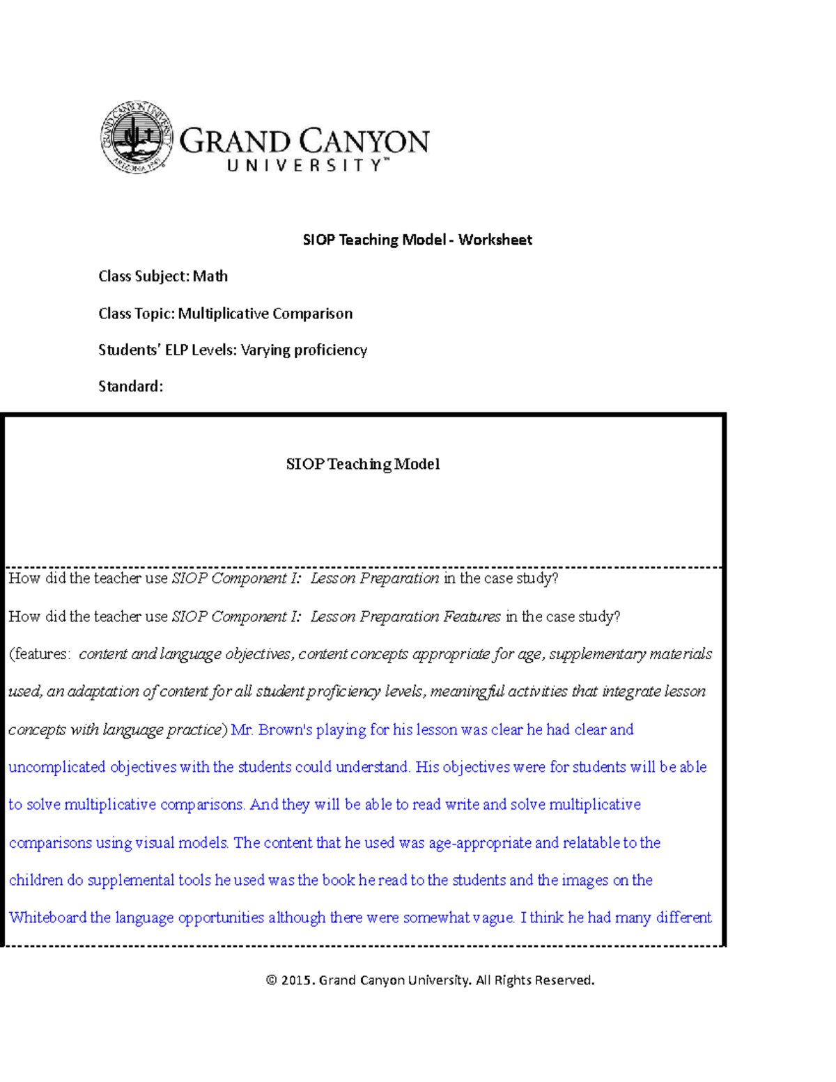 ESL-223N-RS-SIOP Worksheet T6 - SIOP Teaching Model - Worksheet Class ...