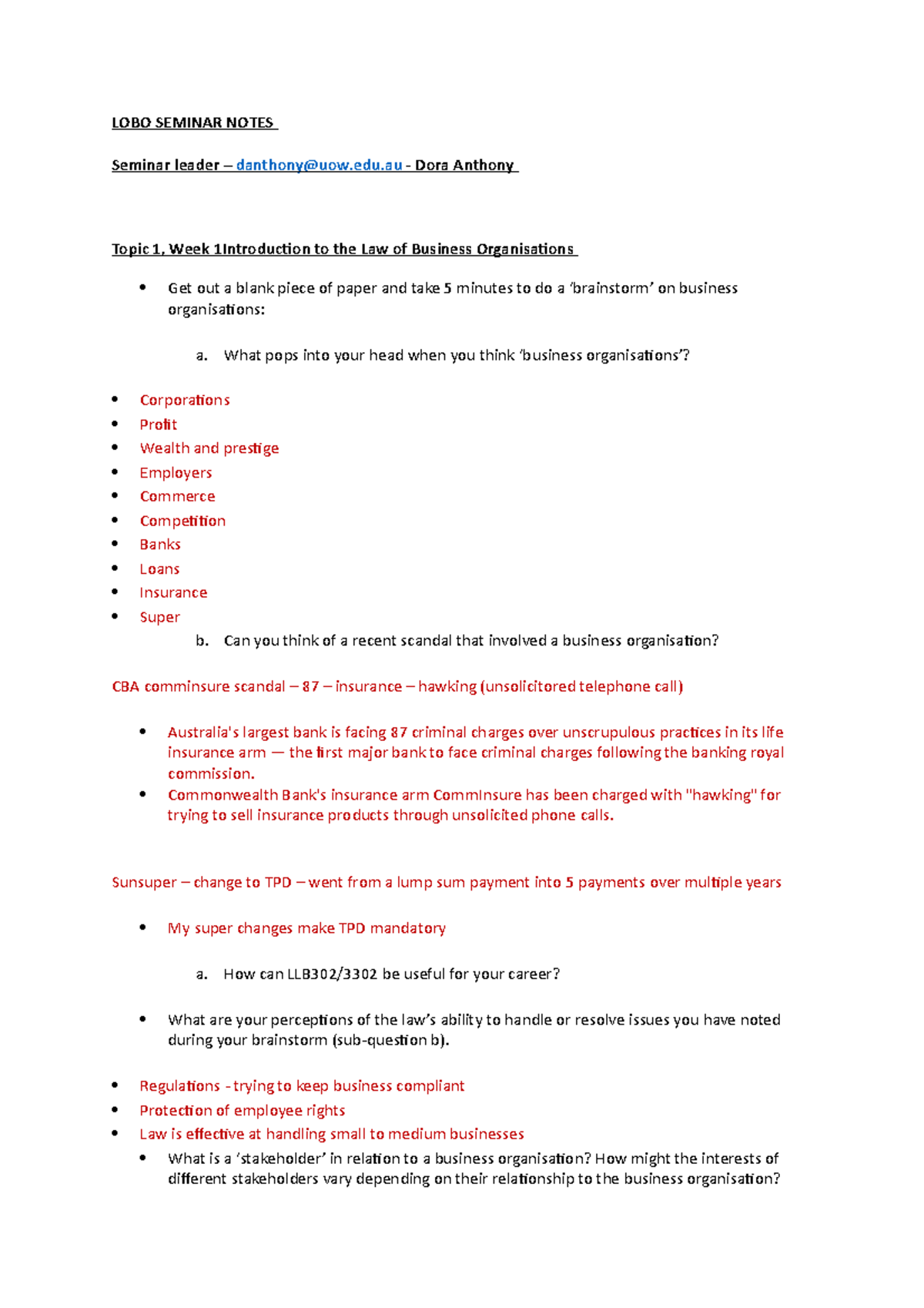 LOBO Seminar Notes - LOBO SEMINAR NOTES Seminar leader – danthony@uow ...