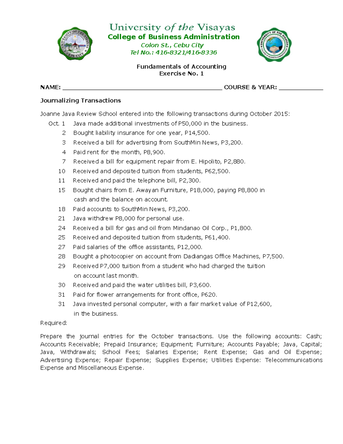 Sample exercises for basic accounting - Accountancy - Studocu