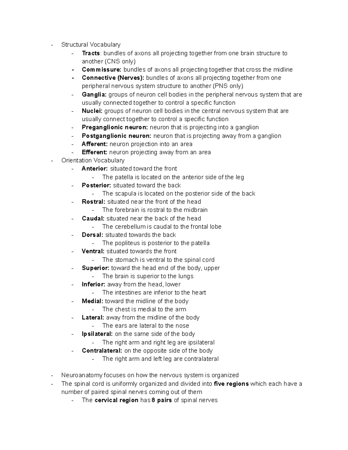 BCMB415 Neuroanatomy Notes - Structural Vocabulary Tracts: bundles of ...