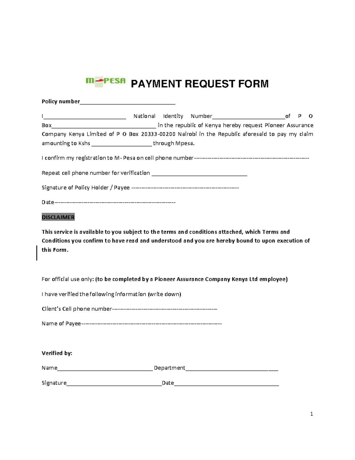 Mpesa Payment Request FORM - 1 PAYMENT REQUEST FORM Policy number