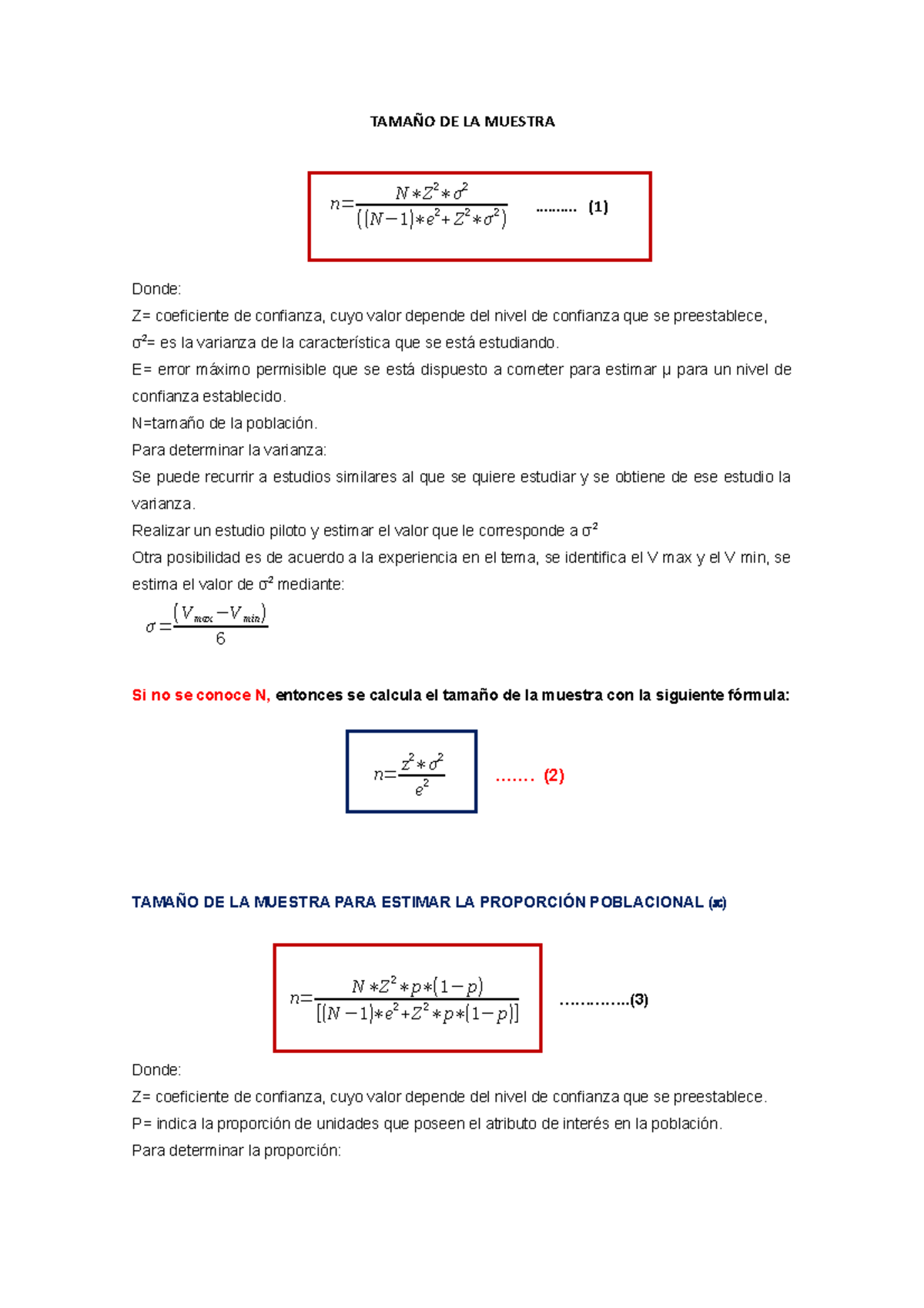 Todas LAS F rmulas Muestreo Docx TAMA O DE LA MUESTRA N N Z 2 