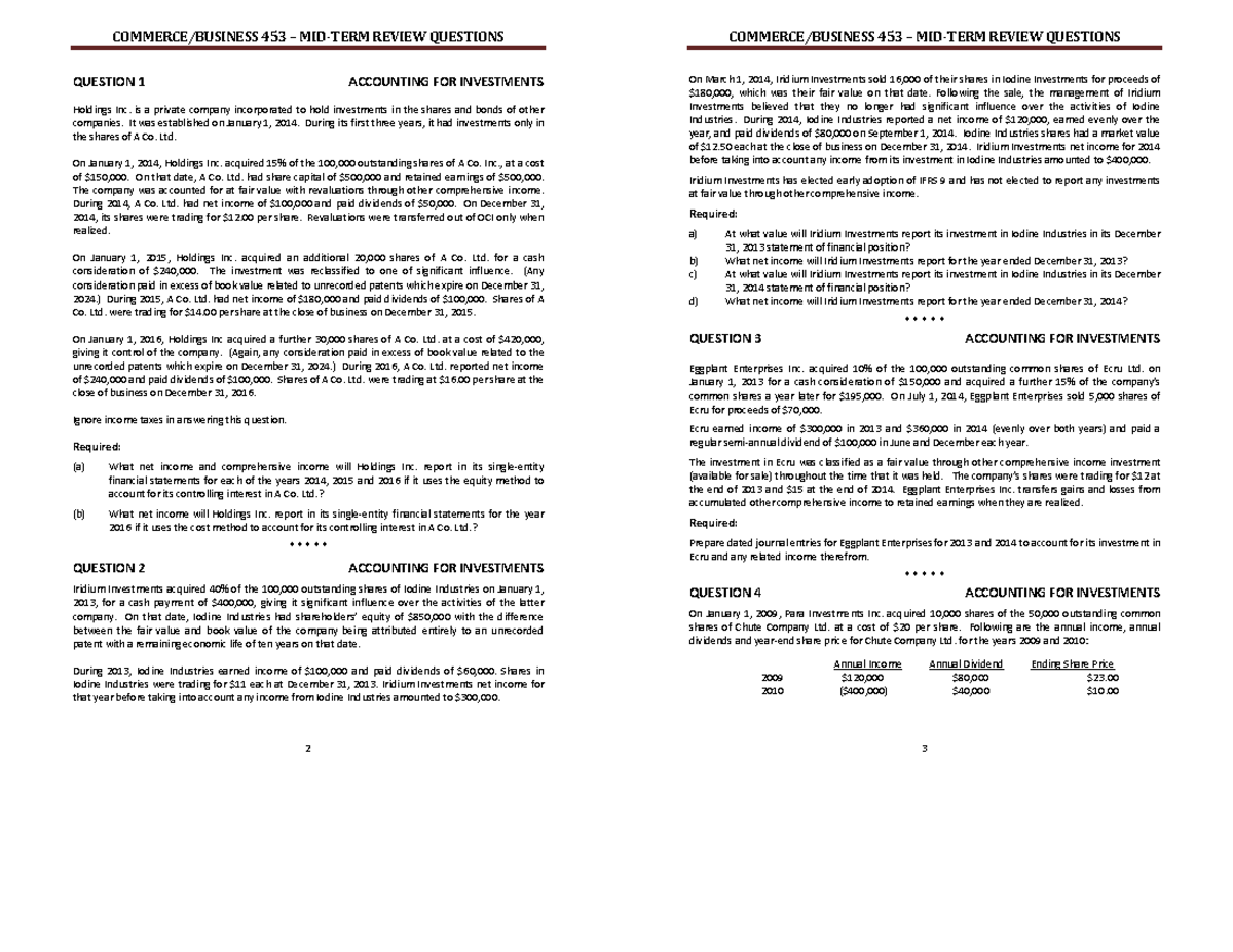 Midterm review questions - Warning: TT: undefined function: 32 COMMERCE/BUSINESS 453 – MID-TERM ...