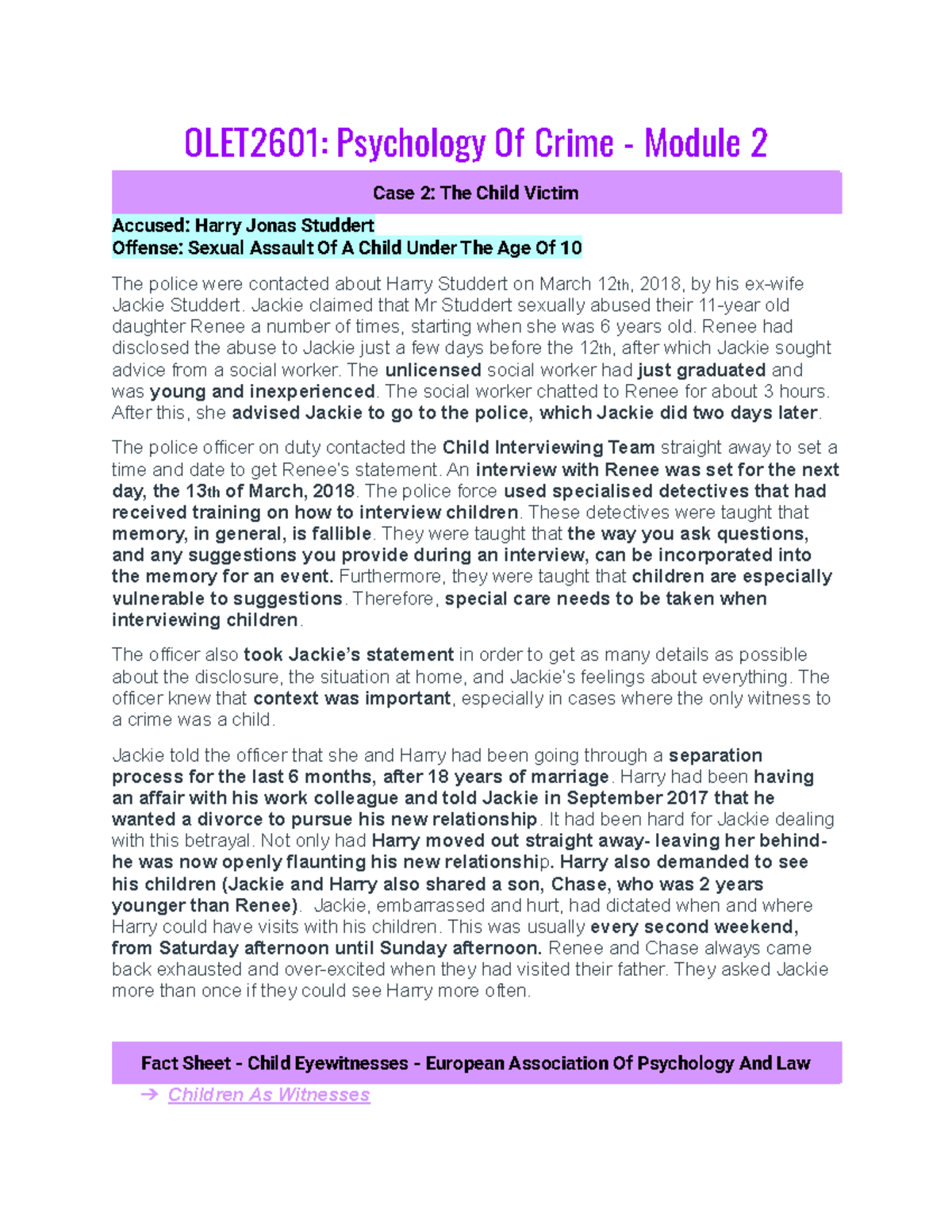OLET2601 Psychology Of Crime M2 - Jackie claimed that Mr Studdert ...