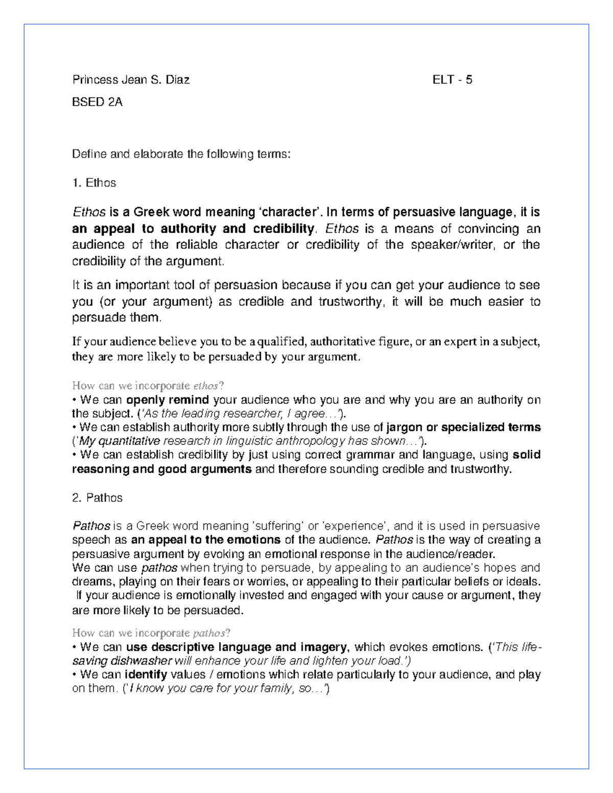 ELT 5 ass 2 - These are the types of speeches emo. Ethos, pathos, Logos ...