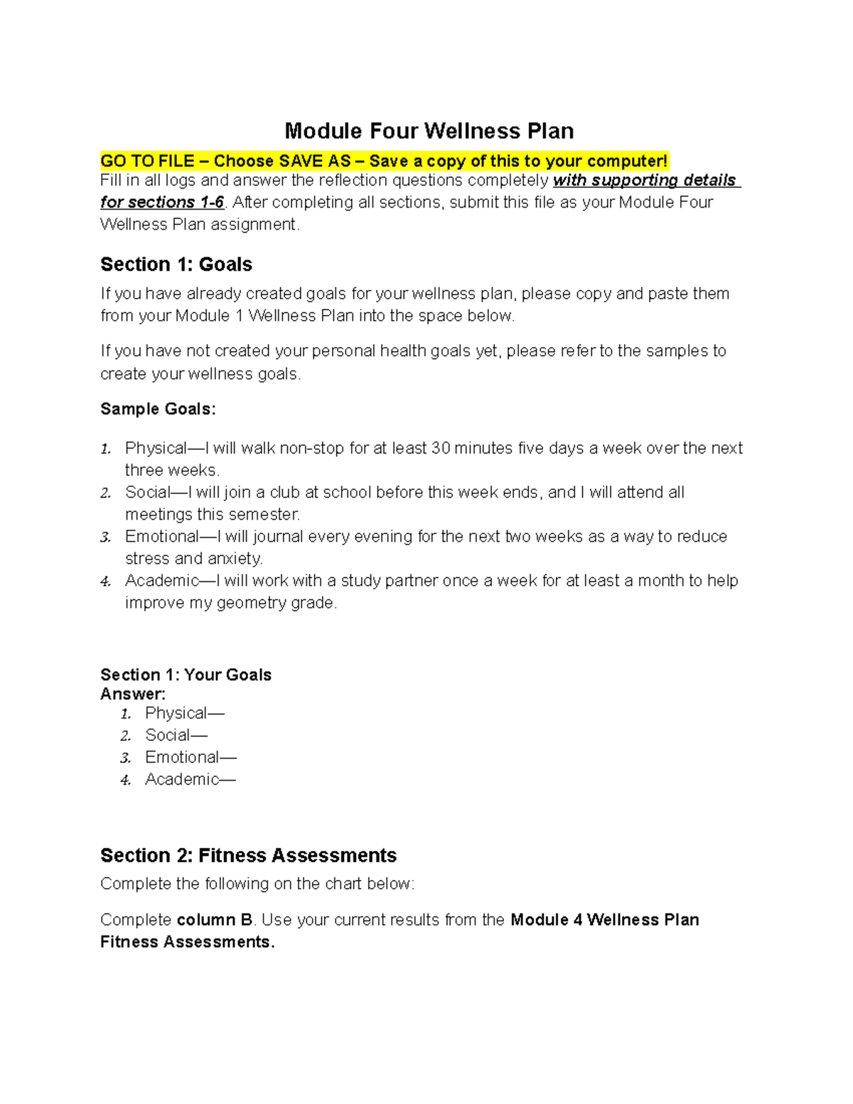 Module four wellness plan - Module Four Wellness Plan GO TO FILE ...