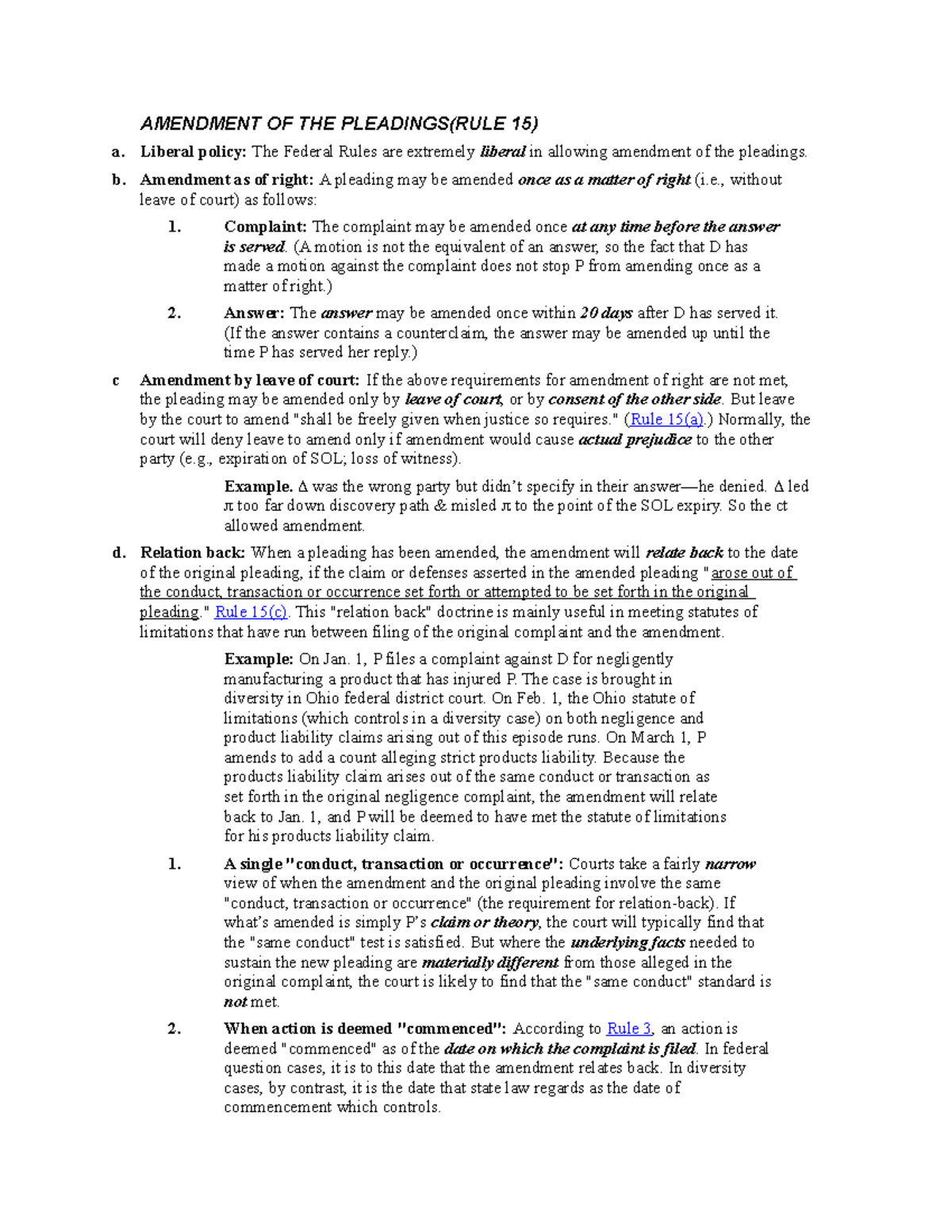 Civil Procedure - Prof Barron 3 - AMENDMENT OF THE PLEADINGS(RULE 15) a ...