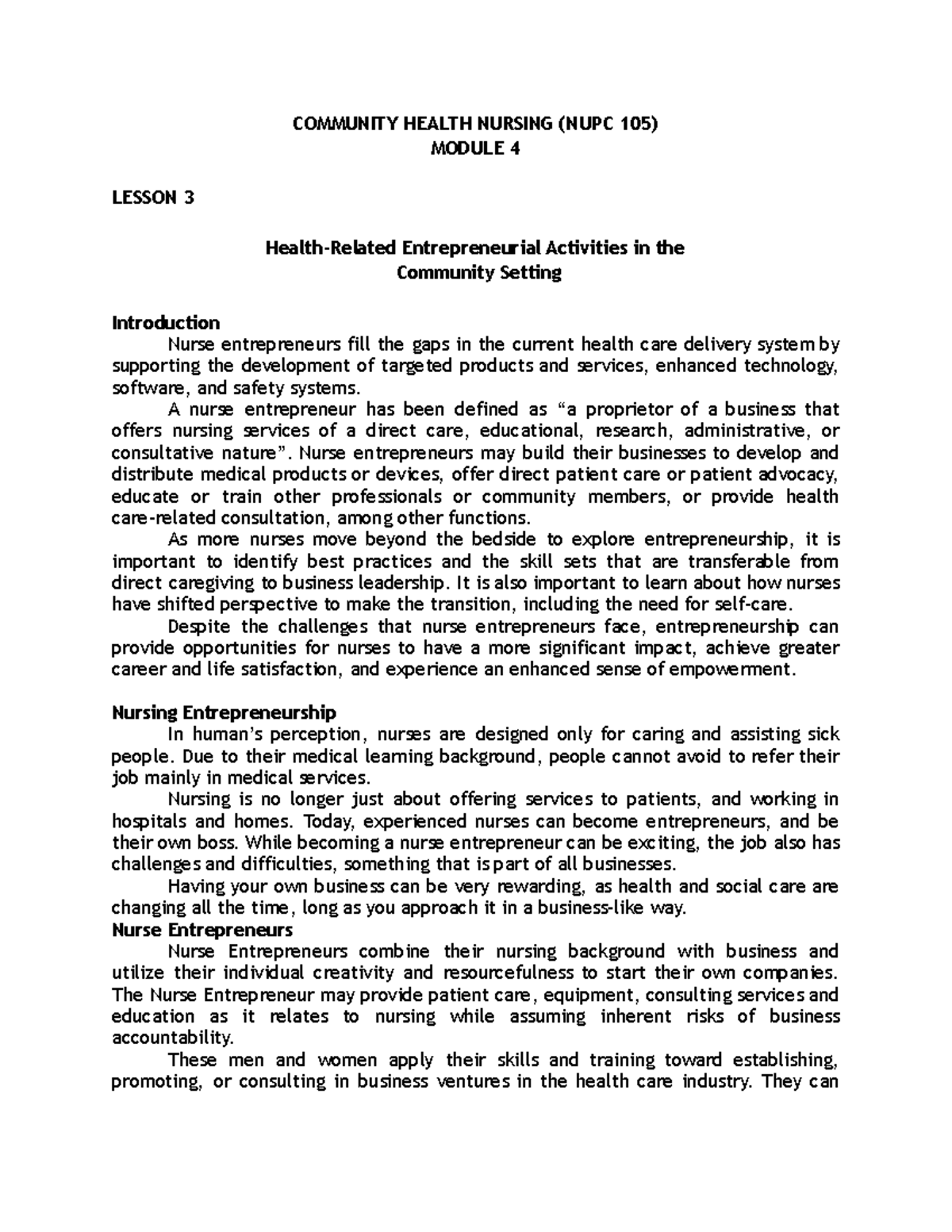 CHN Module 4 Lesson 3 - COMMUNITY HEALTH NURSING (NUPC 105) MODULE 4 ...