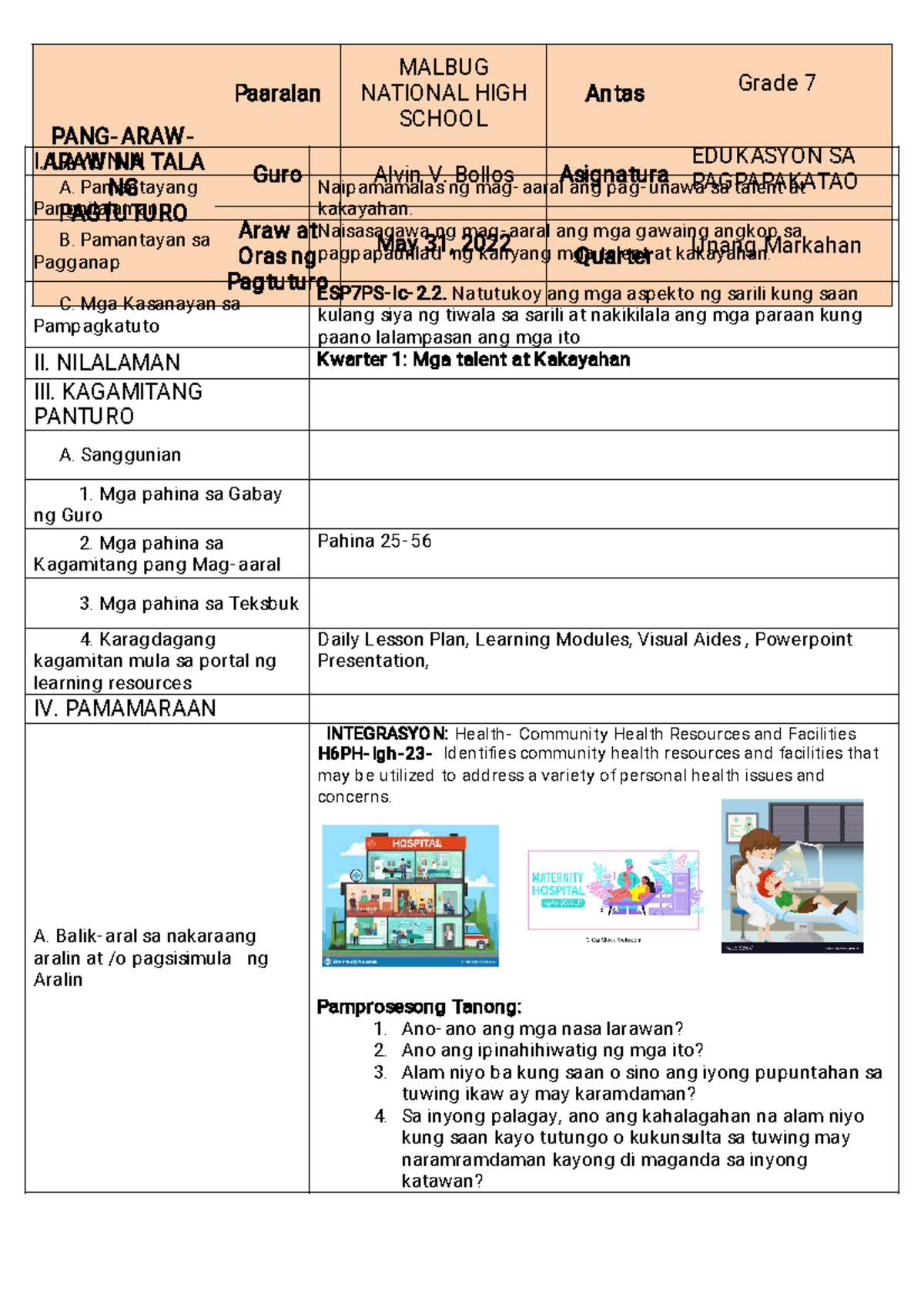 Demo-LP - Demonstration Lesson plan - PANG-ARAW- ARAW NATALA NG ...