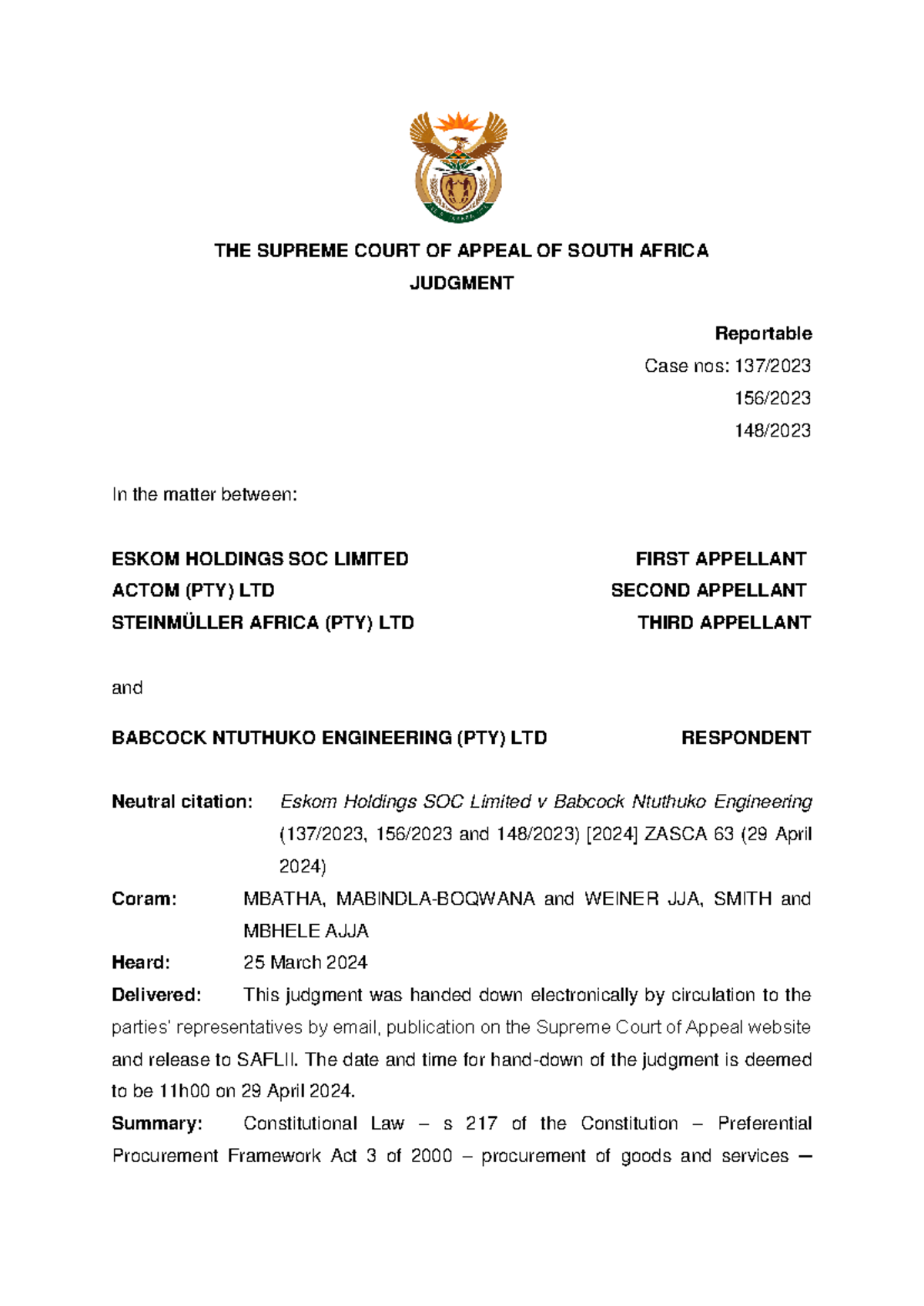 Case Law : Eskom study - THE SUPREME COURT OF APPEAL OF SOUTH AFRICA ...