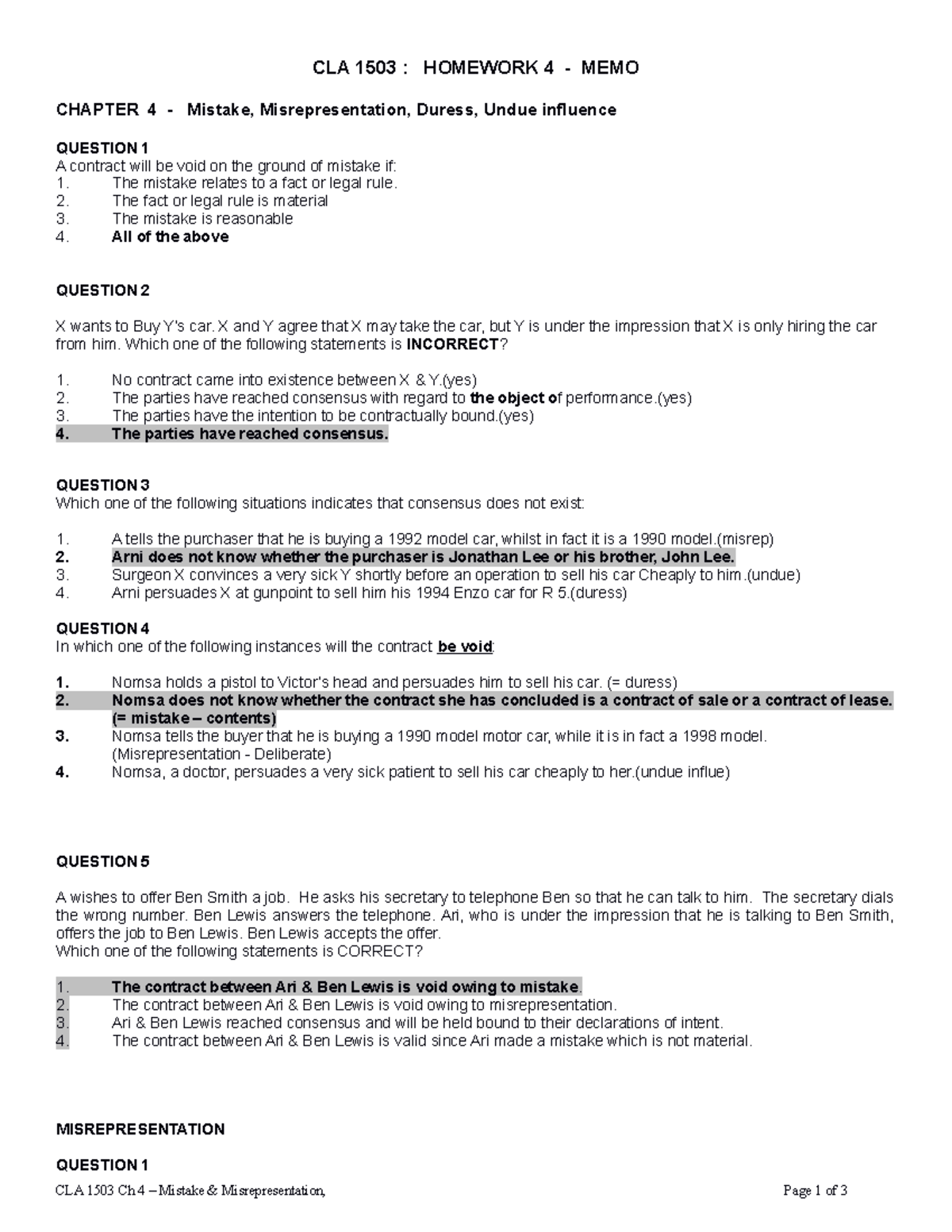 CLA 1503 Chapter 4 Mistake Misrep - CLA 1503 : HOMEWORK 4 - MEMO ...