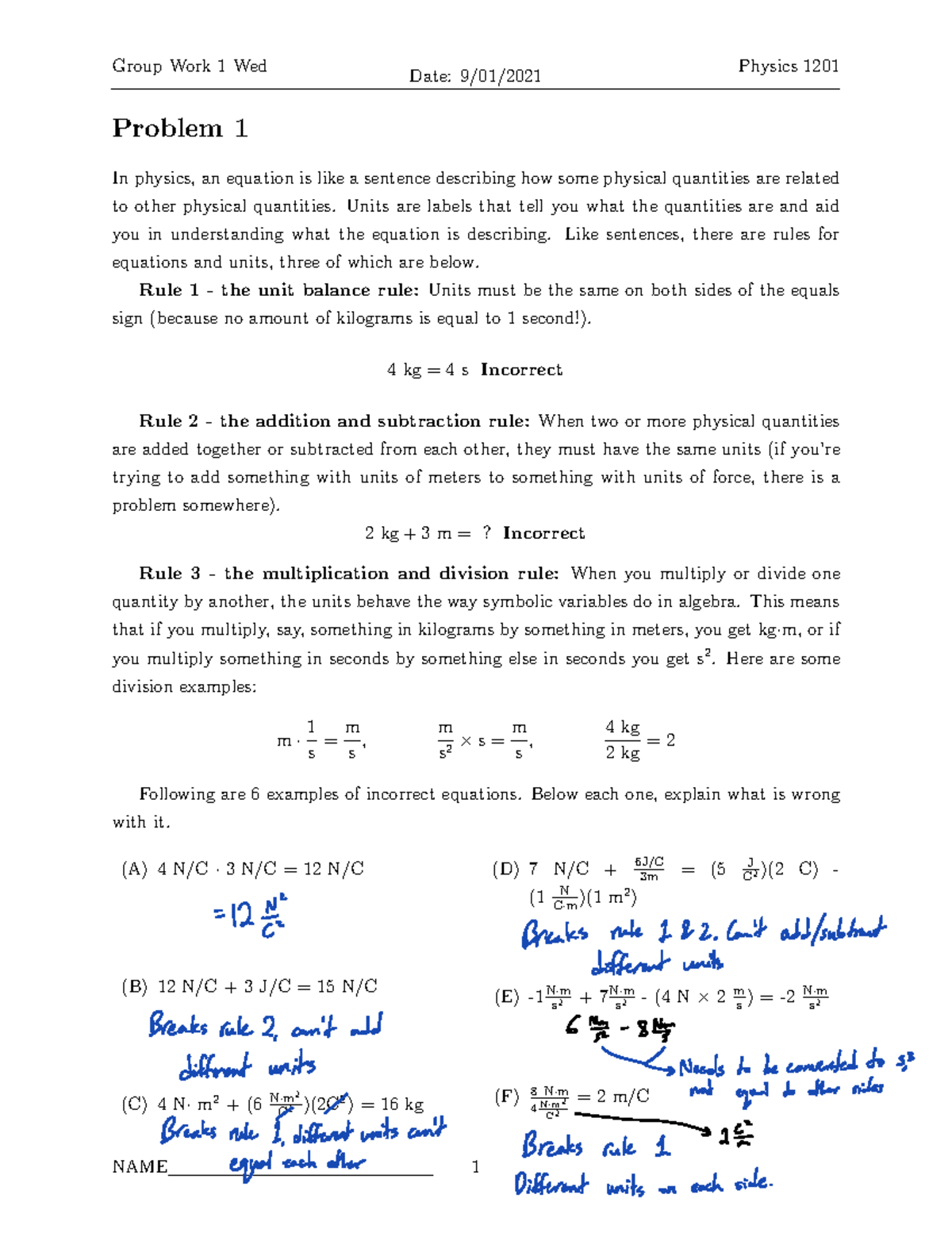 Wed GW-1 - Recitation assignment - Group Work 1 Wed Date: 9/01/ Physics ...