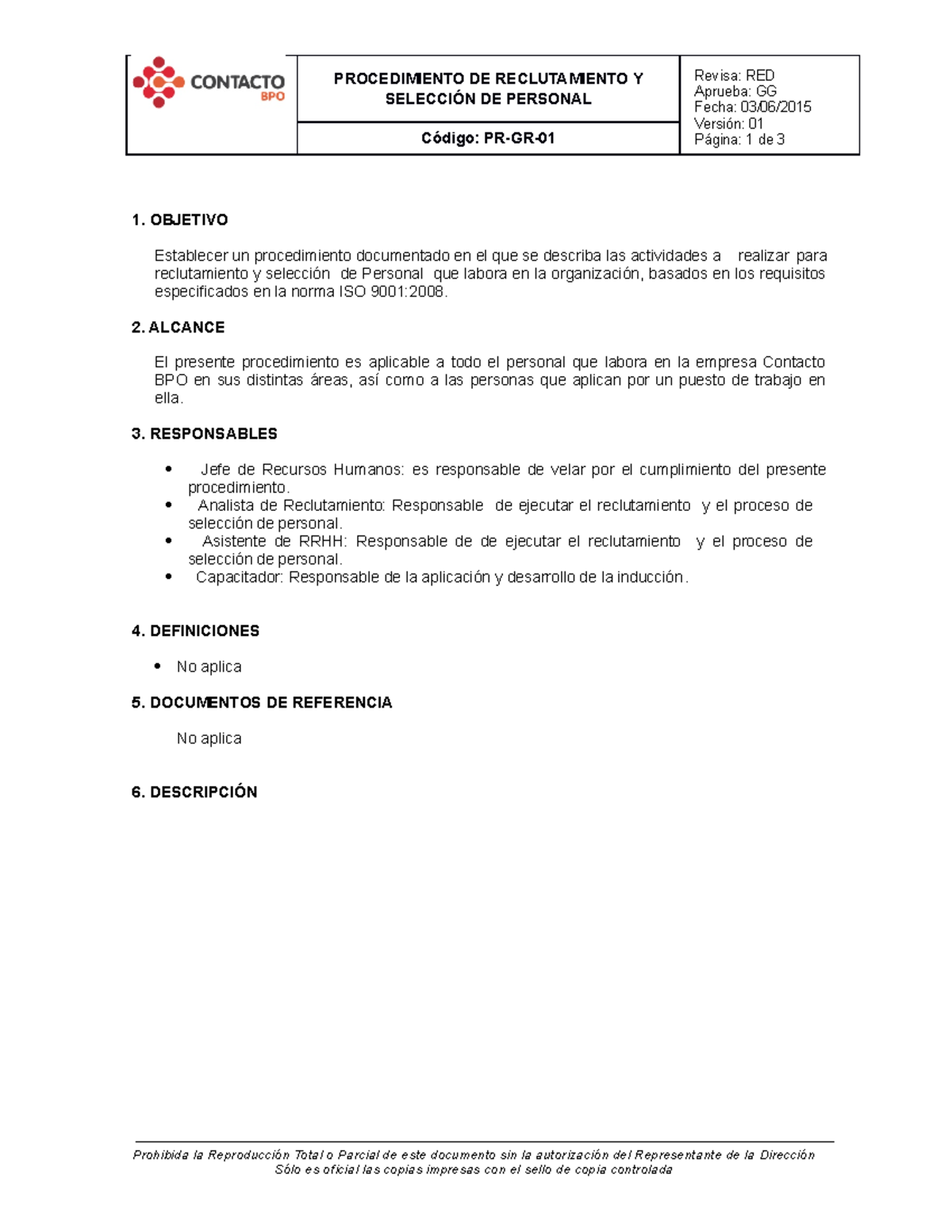 PR-GR-01 Procedimiento de Reclutamiento y Selección de Personal - PROCEDIMIENTO DE RECLUTAMIENTO ...