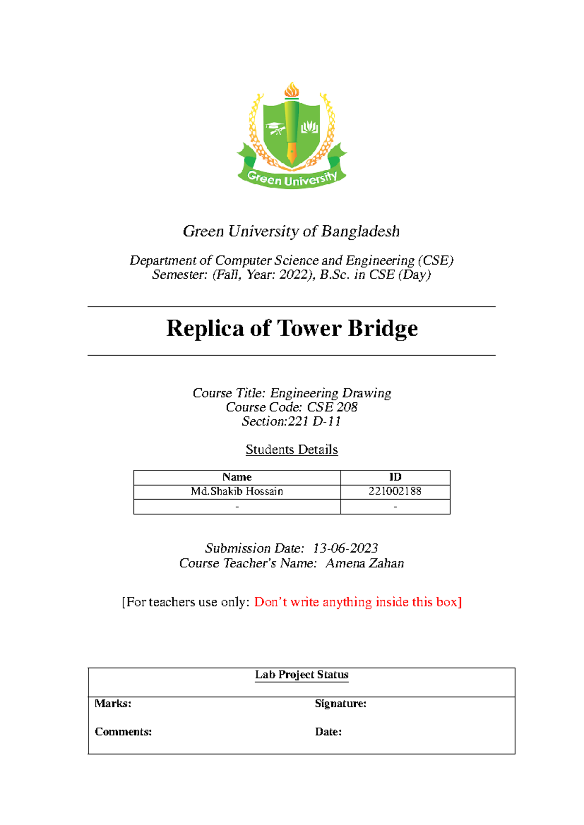 Engineering Drawing project Report - Green University of Bangladesh ...