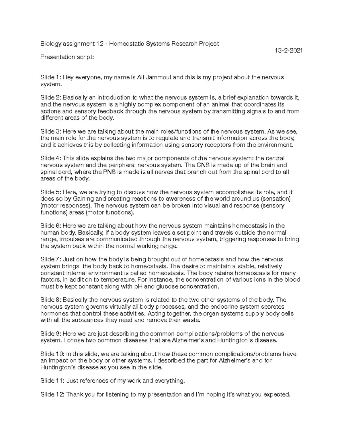 Bio test#12 presentation script - Biology assignment 12 - Homeostatic ...