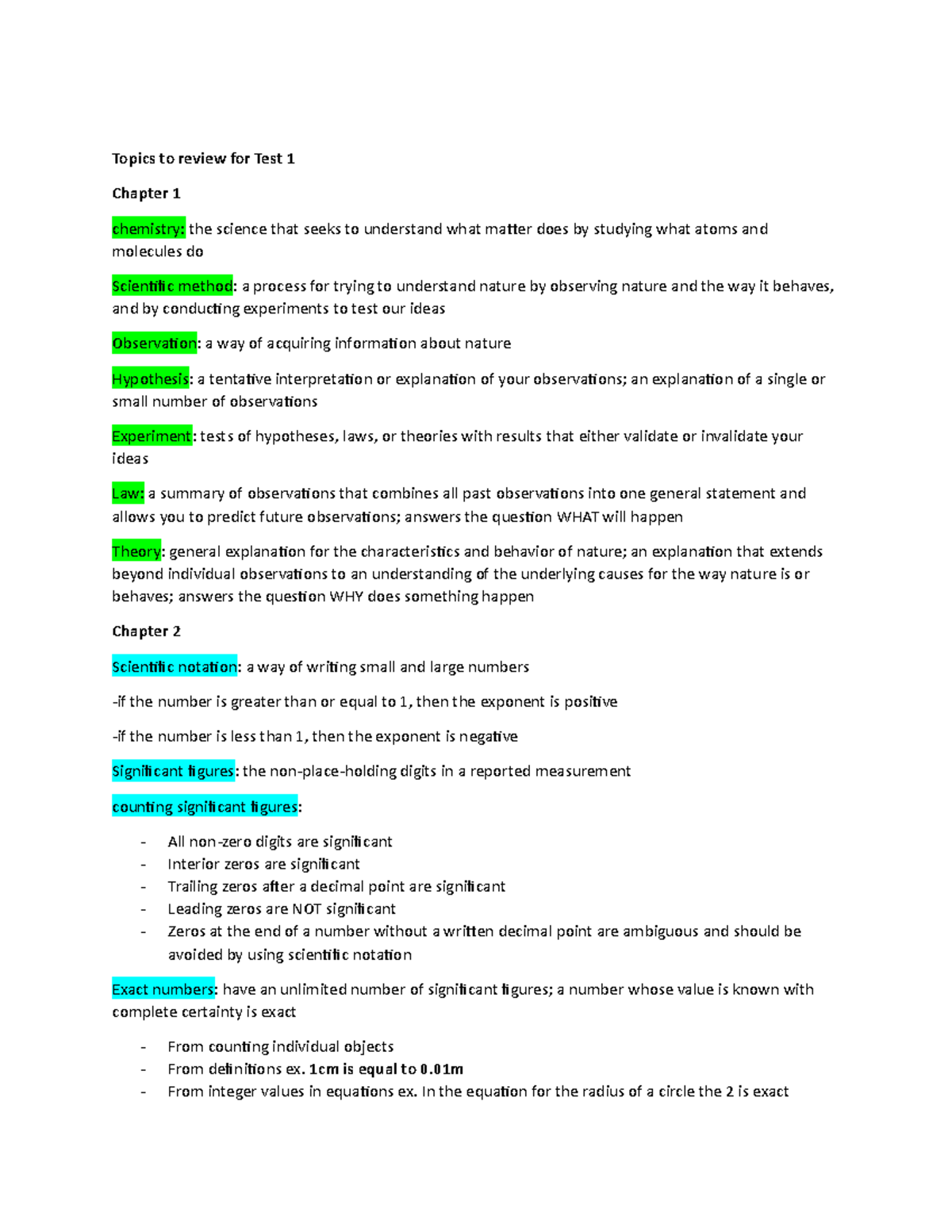 Chem Test 1 Study Guide - Topics to review for Test 1 Chapter 1 ...