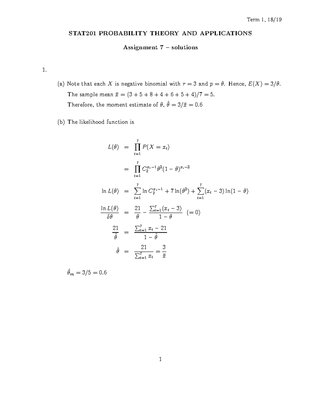 Ans assignment 7 - solutions - Term 1, 18/ STAT201 PROBABILITY THEORY AND APPLICATIONS ...